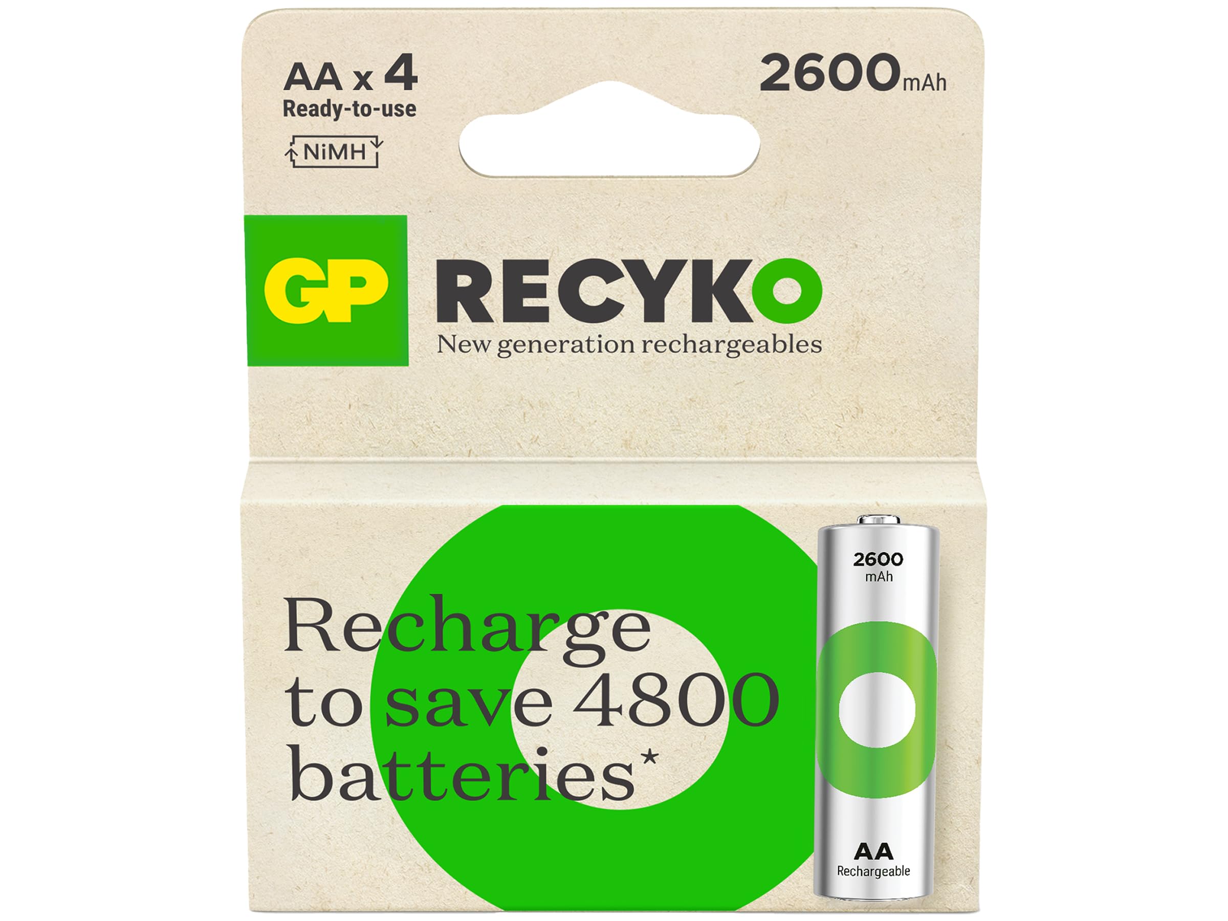 GP Batteries ReCyko 2600 AA Kalem Ni-MH Şarjlı Pil, 1.2 Volt, 4'lü Kart ...