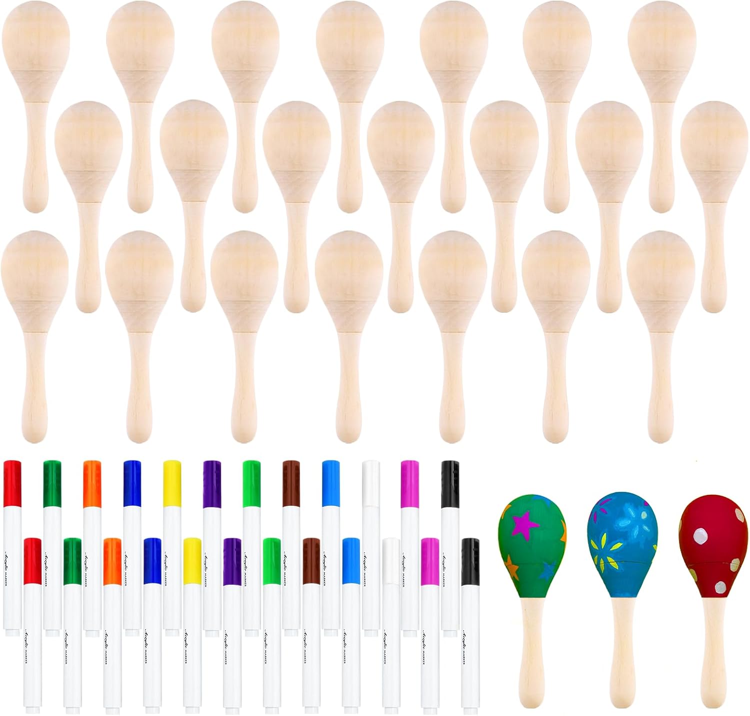 Morcheiong 24Pcs DIY Mini Wooden Maracas for Kids with 24Pcs Acrylic ...