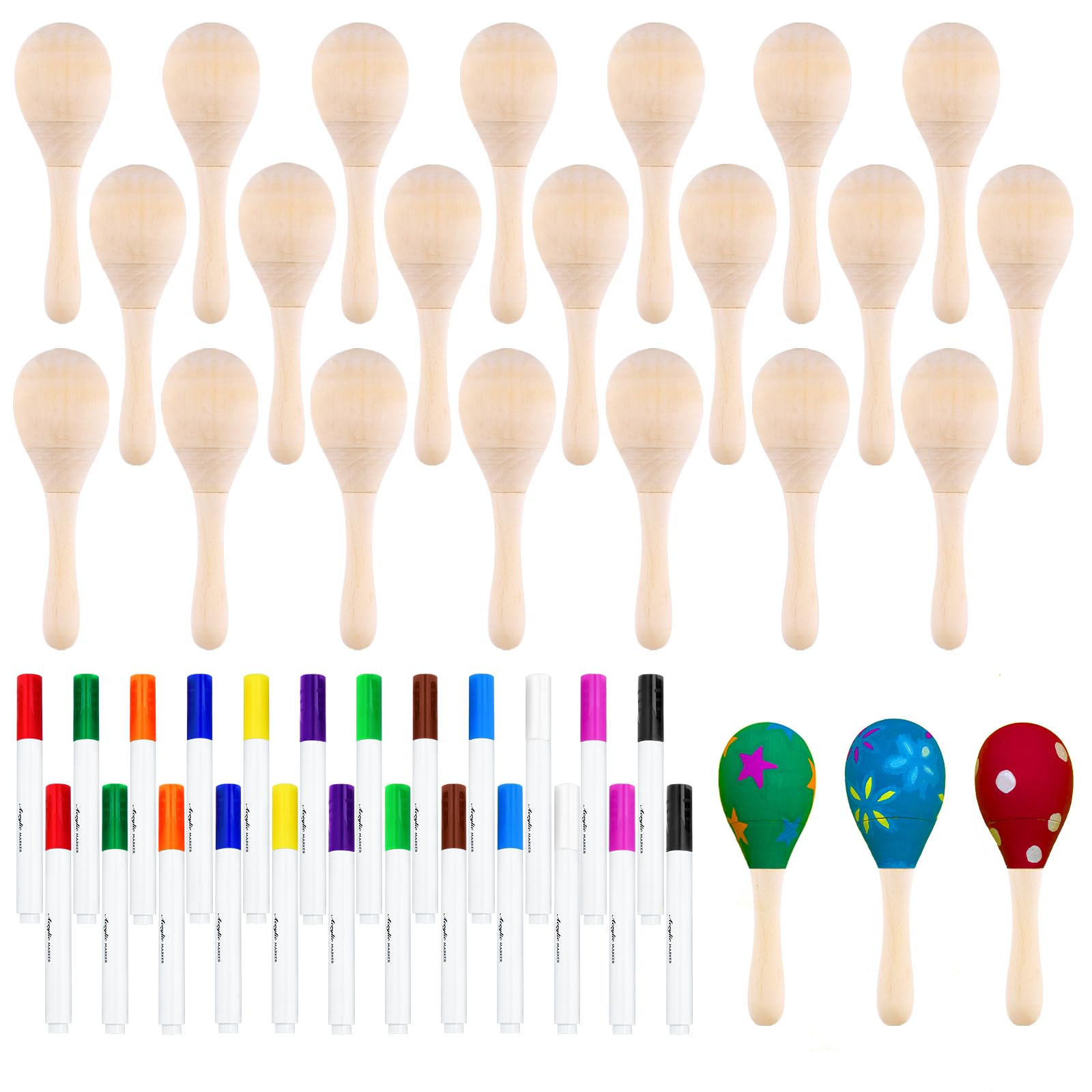 Morcheiong 24Pcs DIY Mini Wooden Maracas for Kids with 24Pcs Acrylic ...