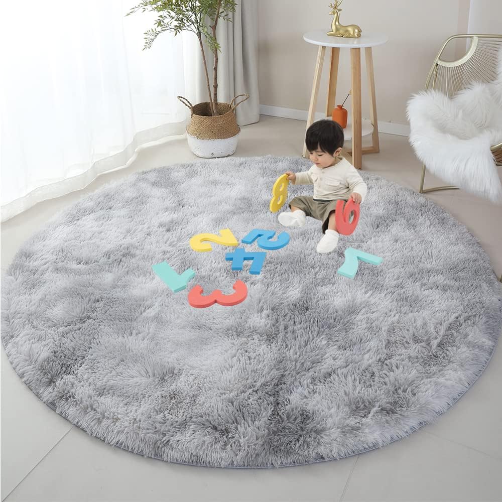 OMGREAT Round Fluffy Rug for Bedroom, 120cm Circle Light Grey Rug for ...