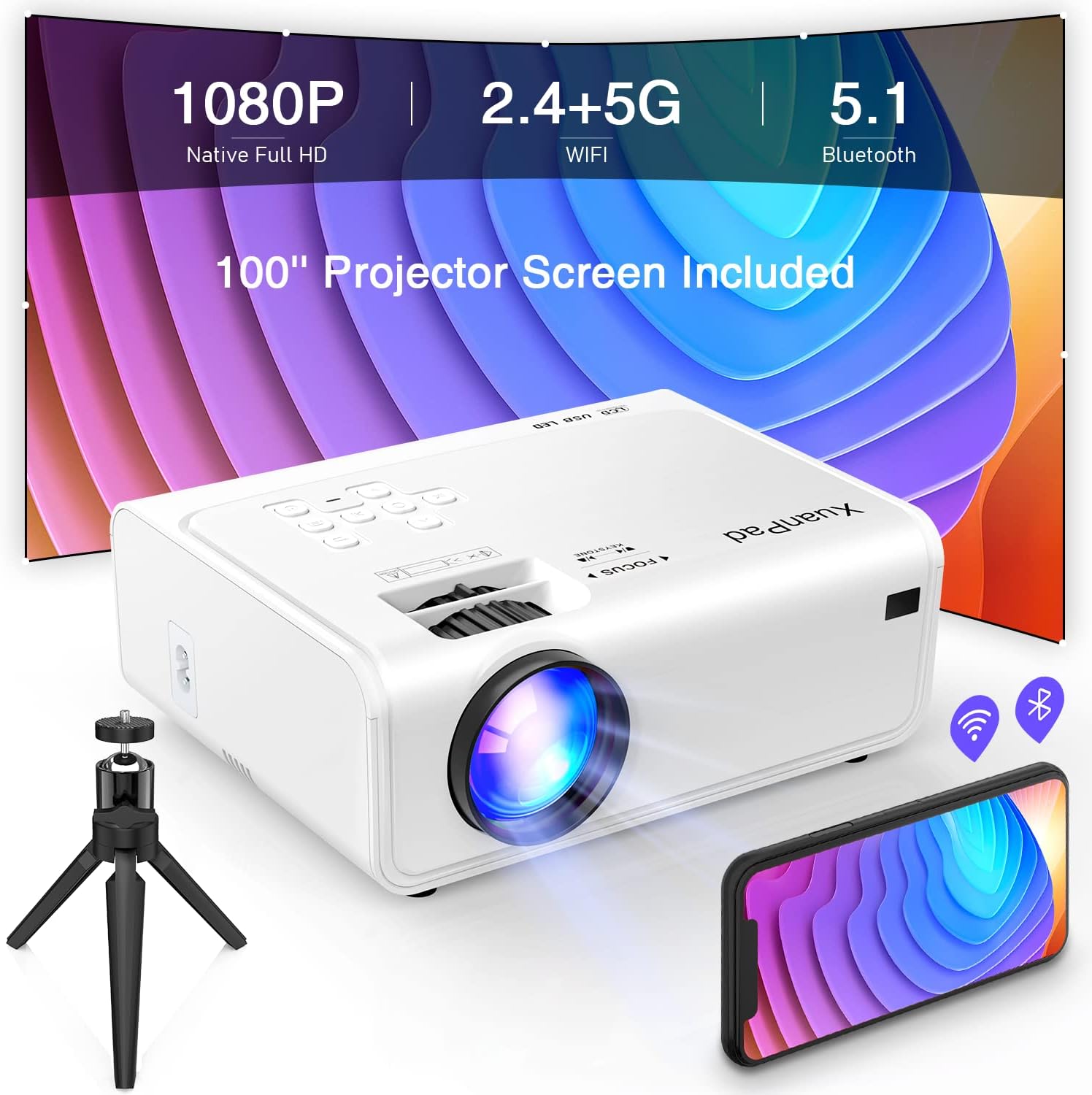 XuanPad 5G WiFi Bluetooth Mini Projector, 1080P Native, 4K Supported ...