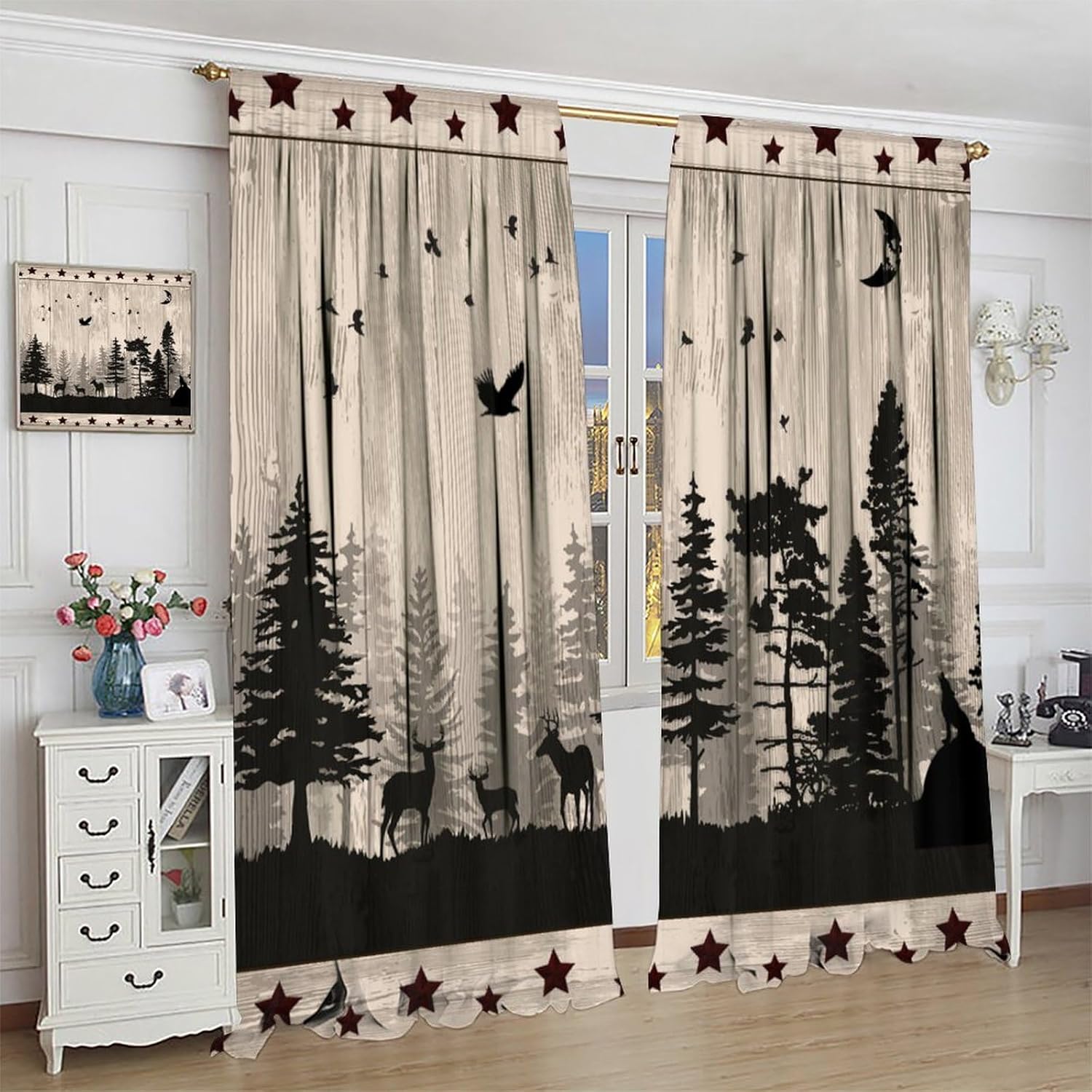 Cortinas rústicas concisas vintage, silueta de bosque de ciervos ...