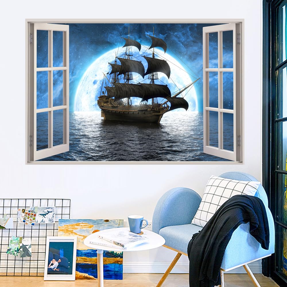 3D Pirate Ship Fake Windows Wall Sticker,Removable Ocean Sea Window ...