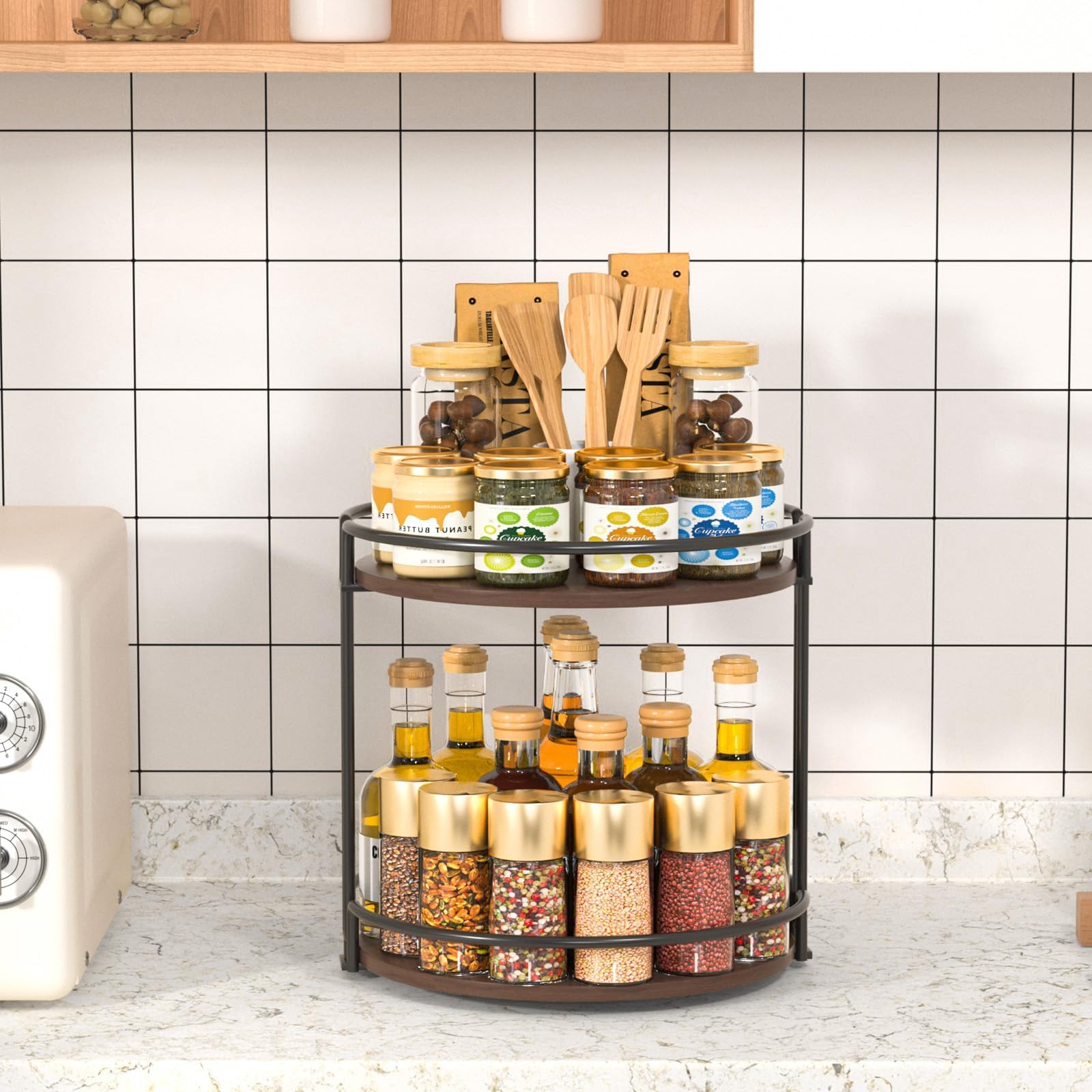 Amazon.com - 2 Tier Wooden Lazy Susan Organizer for Kitchen,Turntable ...