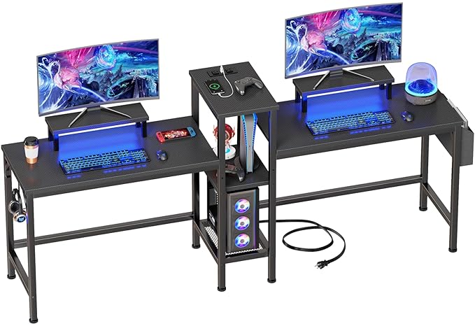 Furologee 2 Person Gaming Desk, 71" Long Desk with LED Lights and Power ...