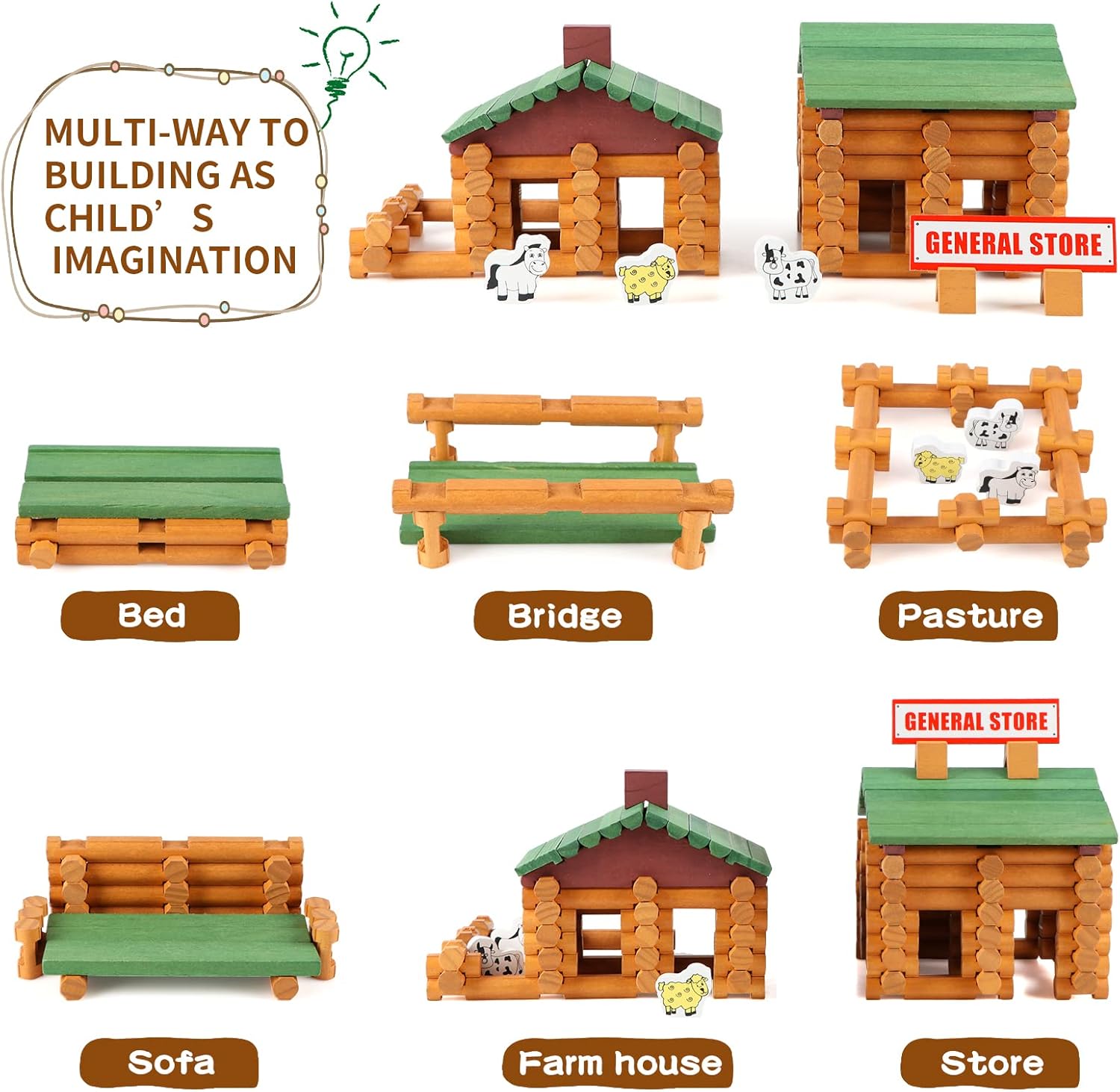 Wondertoys Wooden 170 Pieces Wood Logs Set Wooden Dollhouse Farm House ...