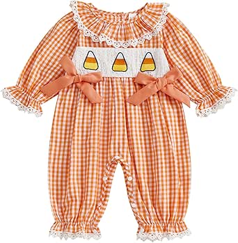Amazon.com: Newborn Baby Girl Halloween Outfit Doll Collar Pumpkin Jumpsuit Romper Ruffle Sleeve ...