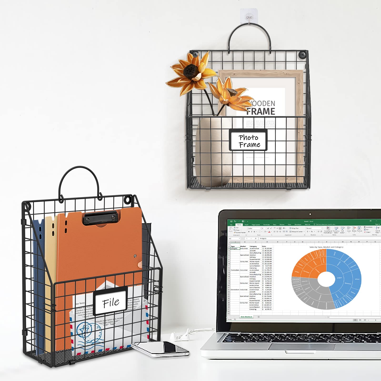 Yuzehuaza Hanging Wall File Organizer Metal Wall Mounted File Holder ...