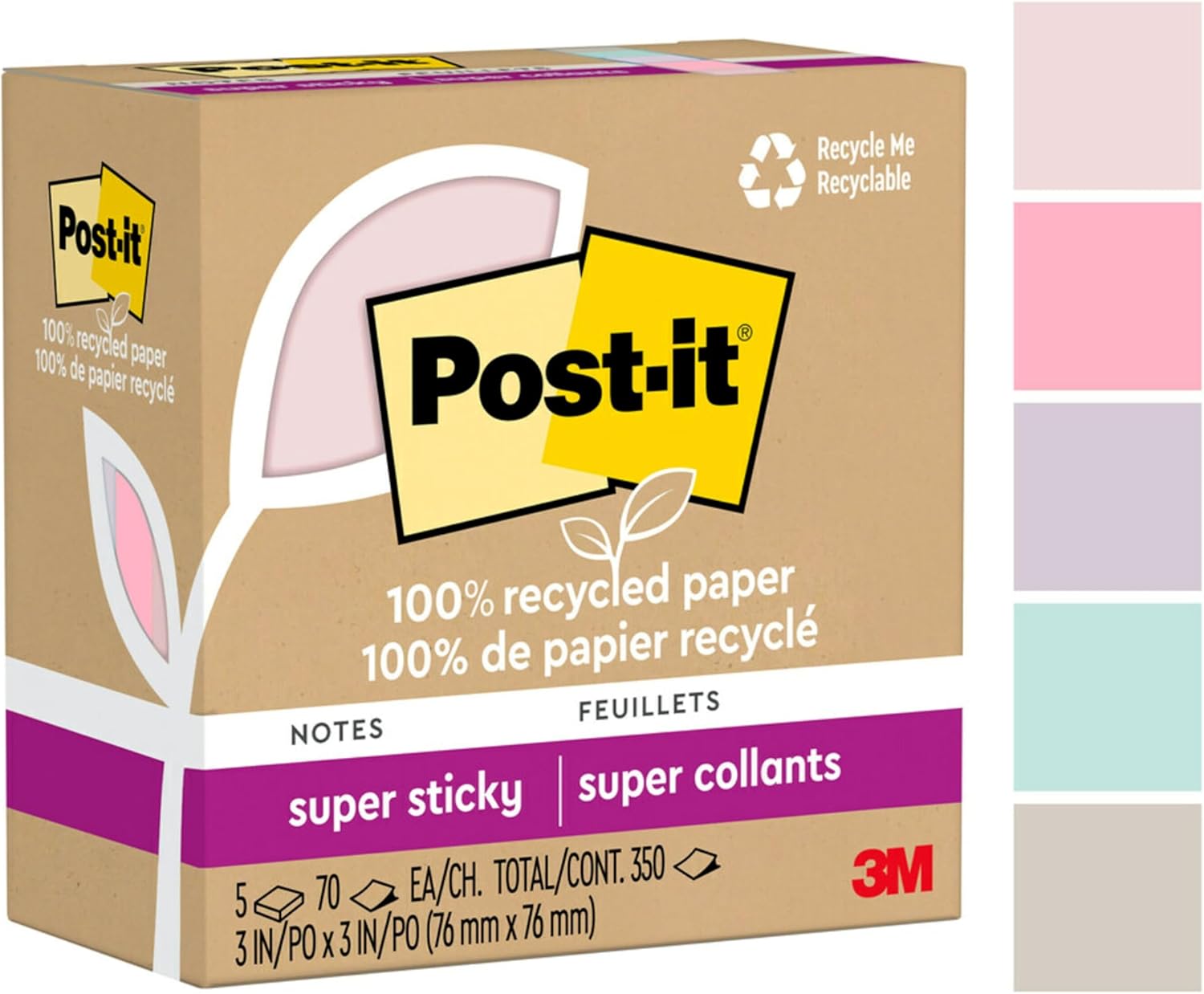 Post-it 100% Recycled Paper Super Sticky Notes, 2X The Sticking Power ...