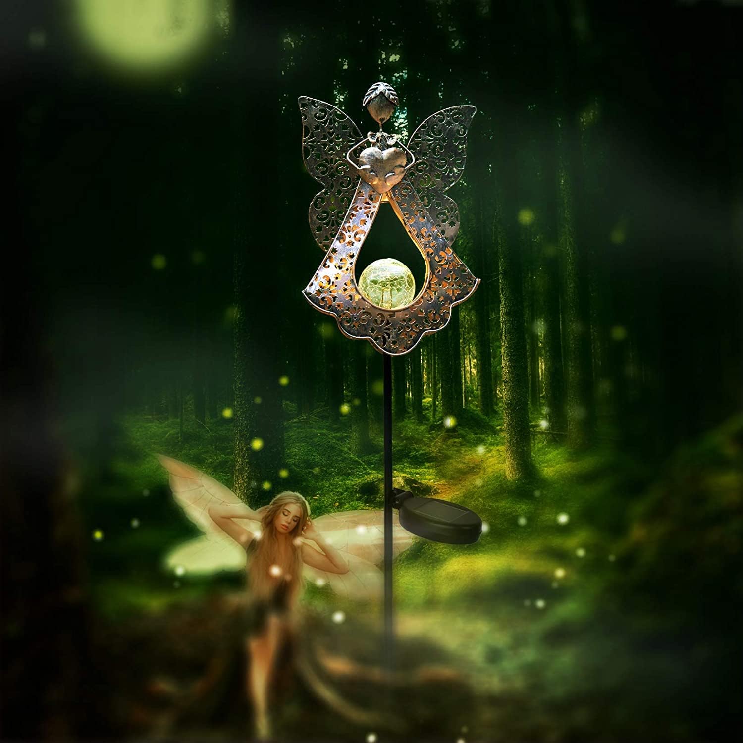 Solar Garden Stake Lights Outdoor Metal Angel Solar Warm White LEDs ...