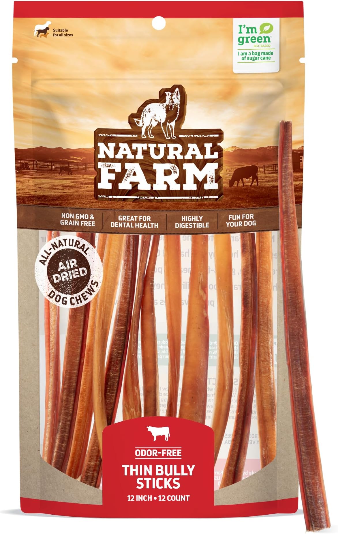 Amazon.com : Natural Farm Odor-Free Thin Bully Sticks (12”, 12-Pack ...