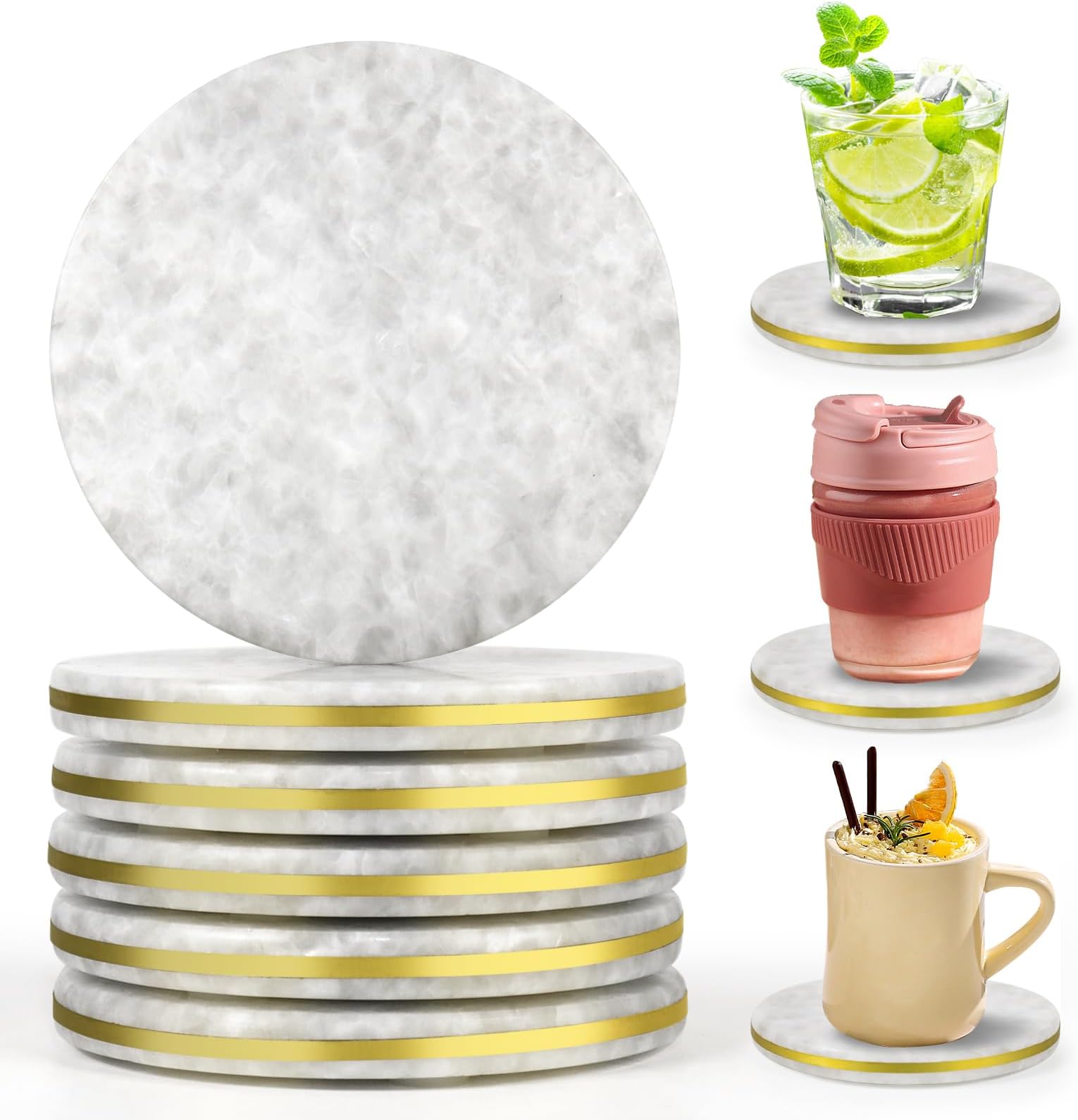 Amazon.com | Godinger Round Coasters Gold Edge, Marble Coaster Set ...