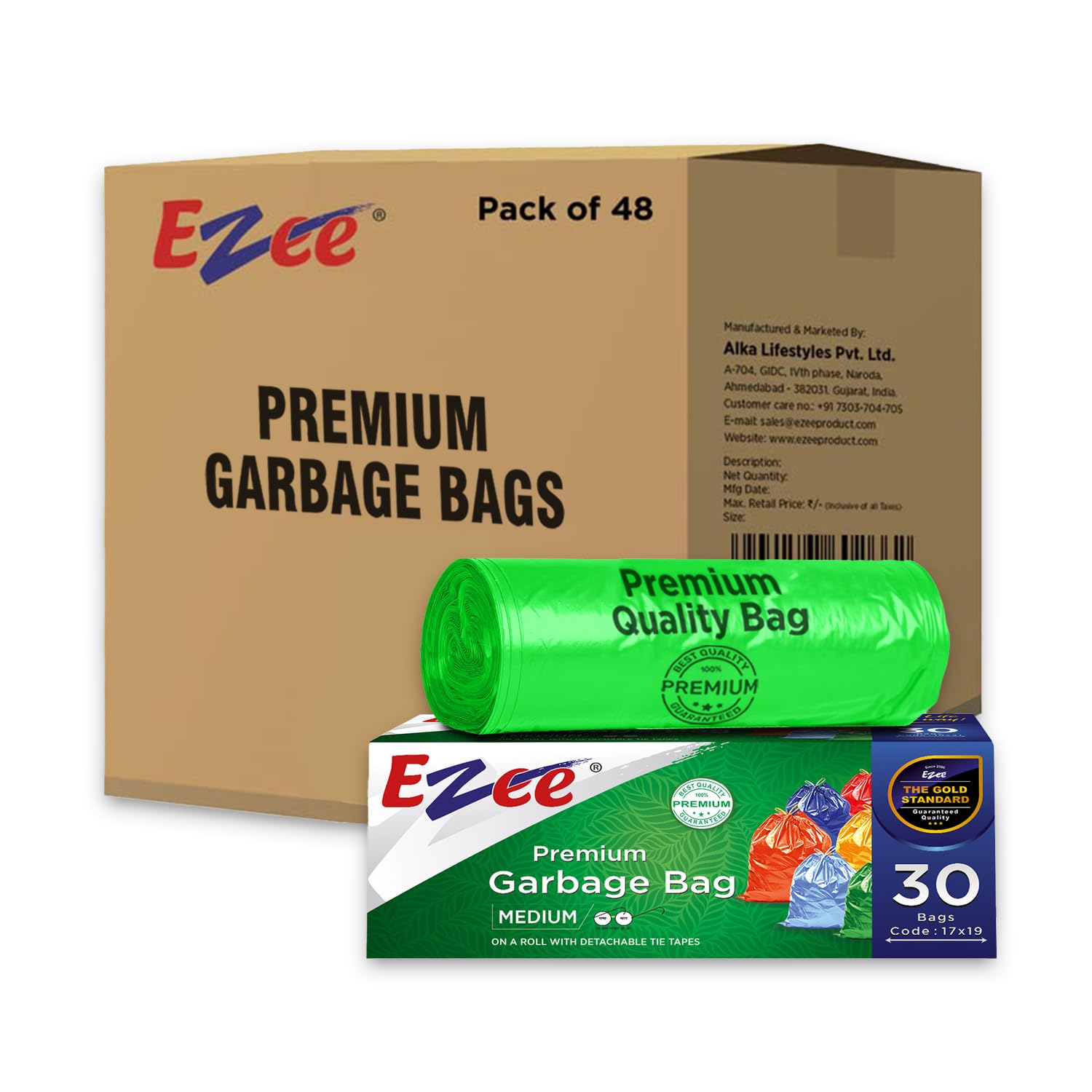 Ezee Premium Eco Friendly Medium Garbage Bags/Trash Bags/Dustbin Bags, 19 X 21 Inches Pack of 48 ...