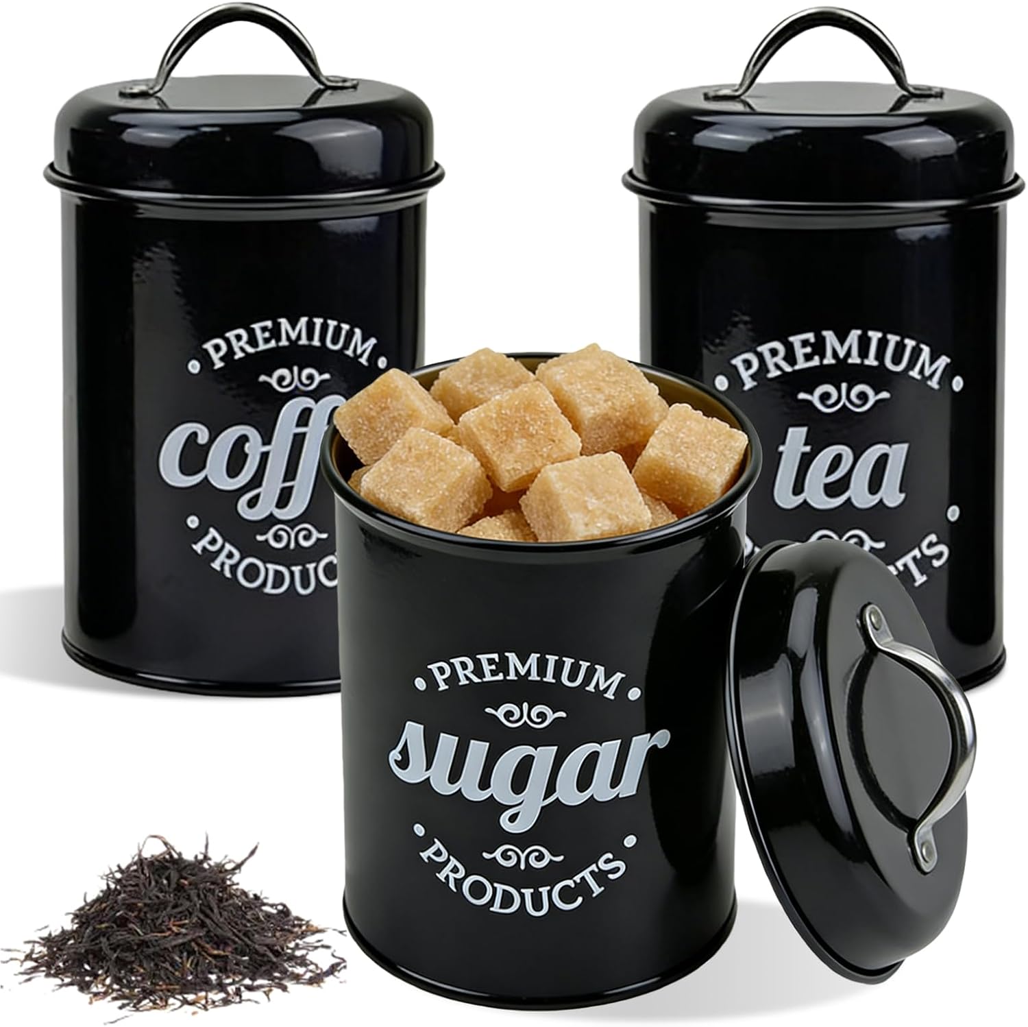 PRITOK Kitchen Canister: 3 Pieces Galvanized Iron Tea Coffee Sugar ...