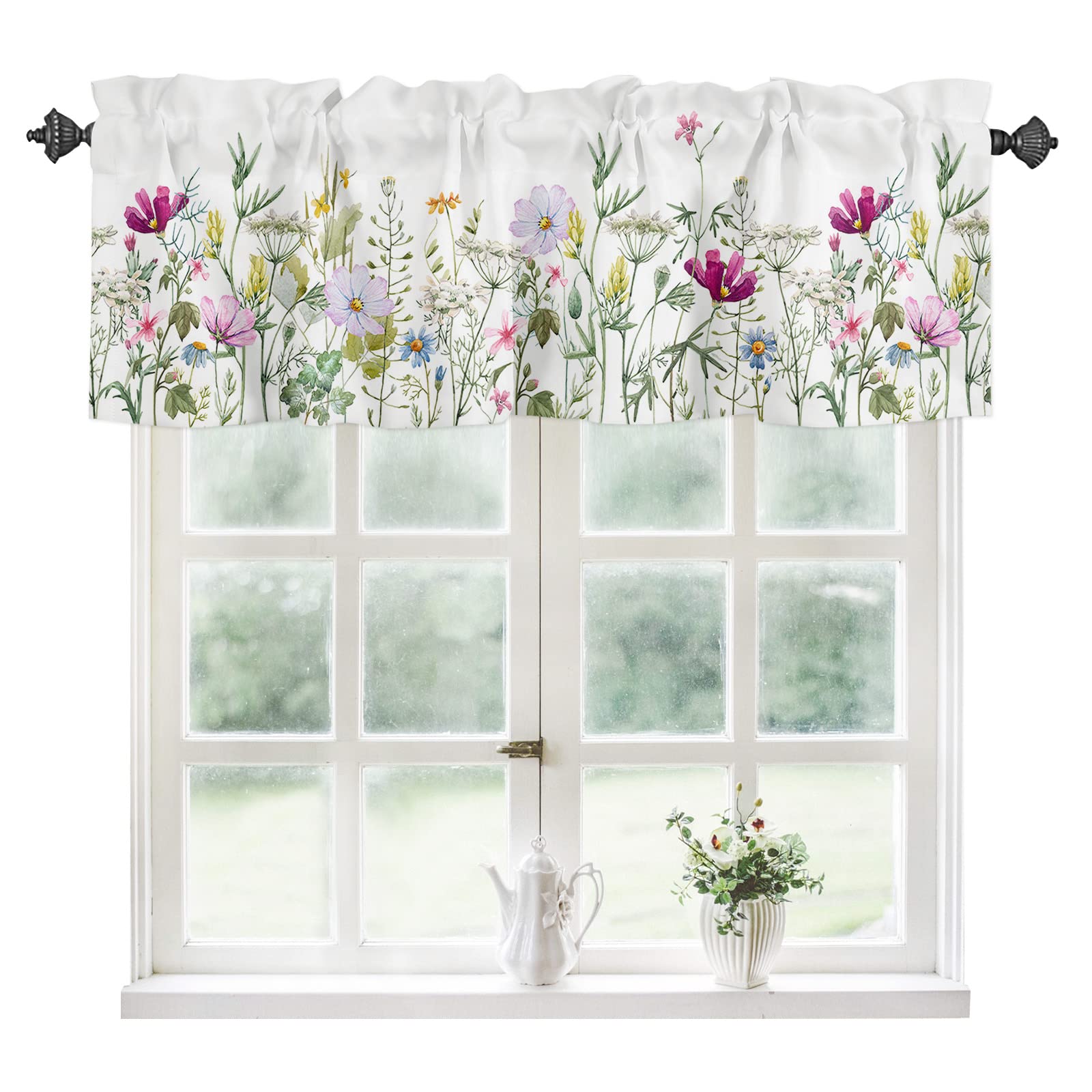 Amazon.com: YOKOU Floral Kitchen Curtains Valances, Wildflowers Spring ...