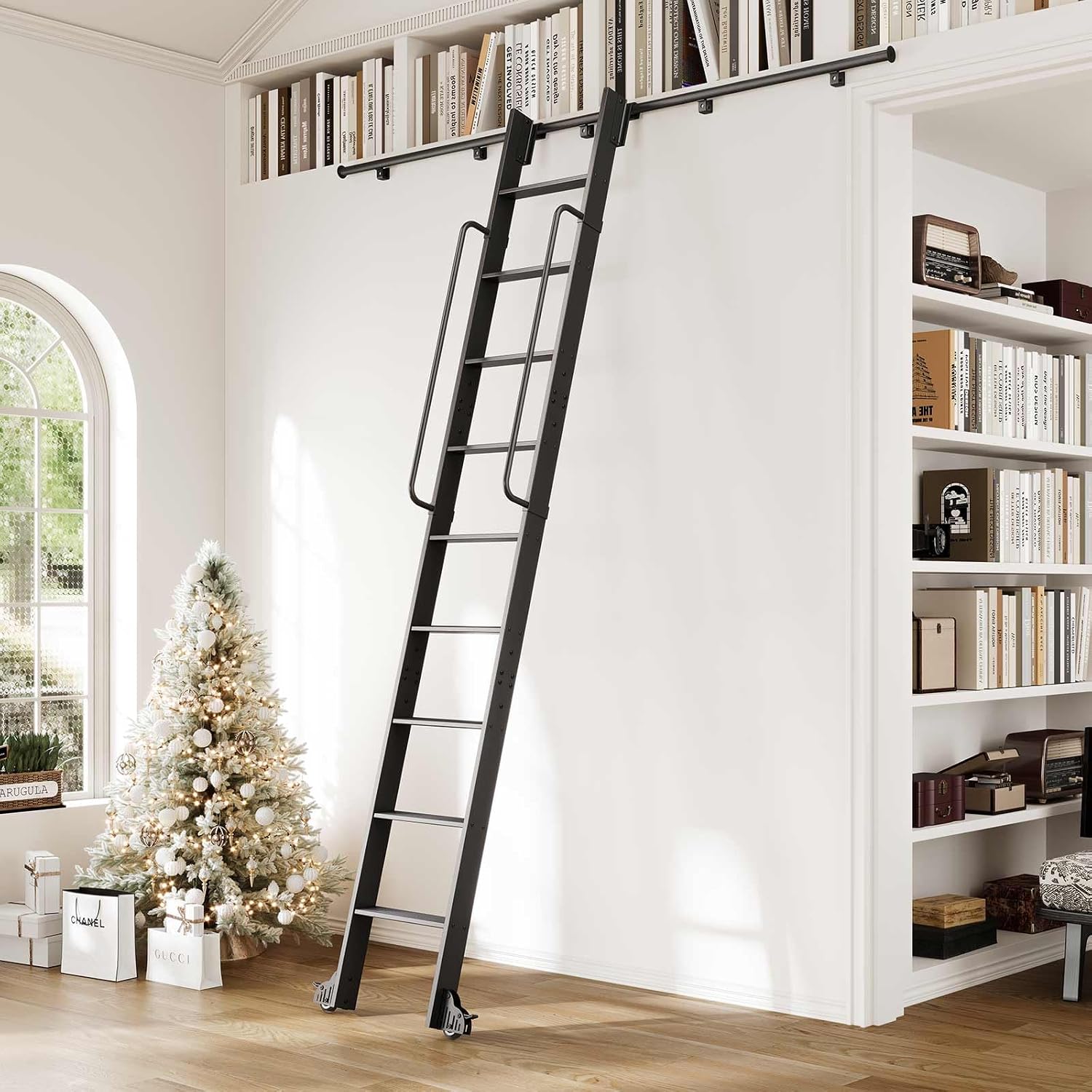 CEAKIAN 10FT Aluminum Rolling Library Ladder with 8FT Sliding Hardware ...