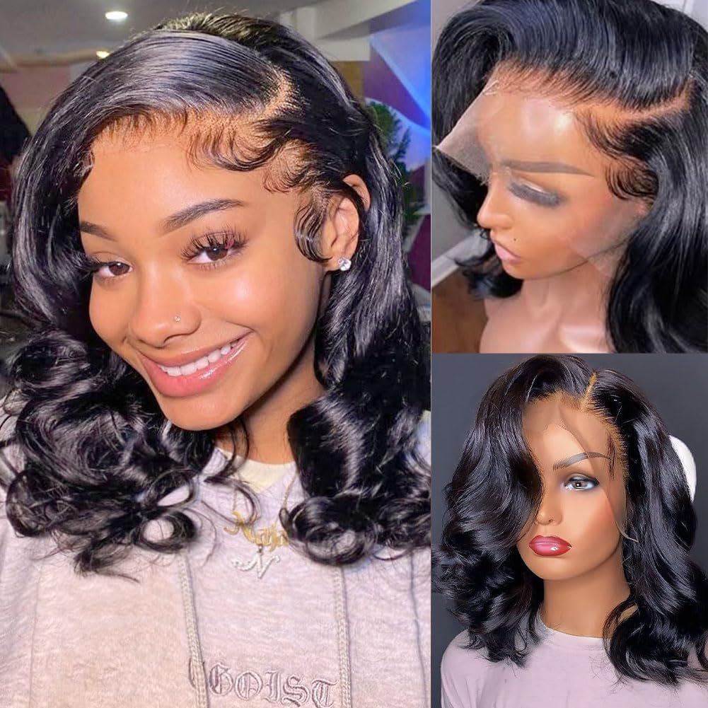 Amazon.com : Devonia 14 Inch Bob Human Hair Wig 13x4 Body Wave Lace ...