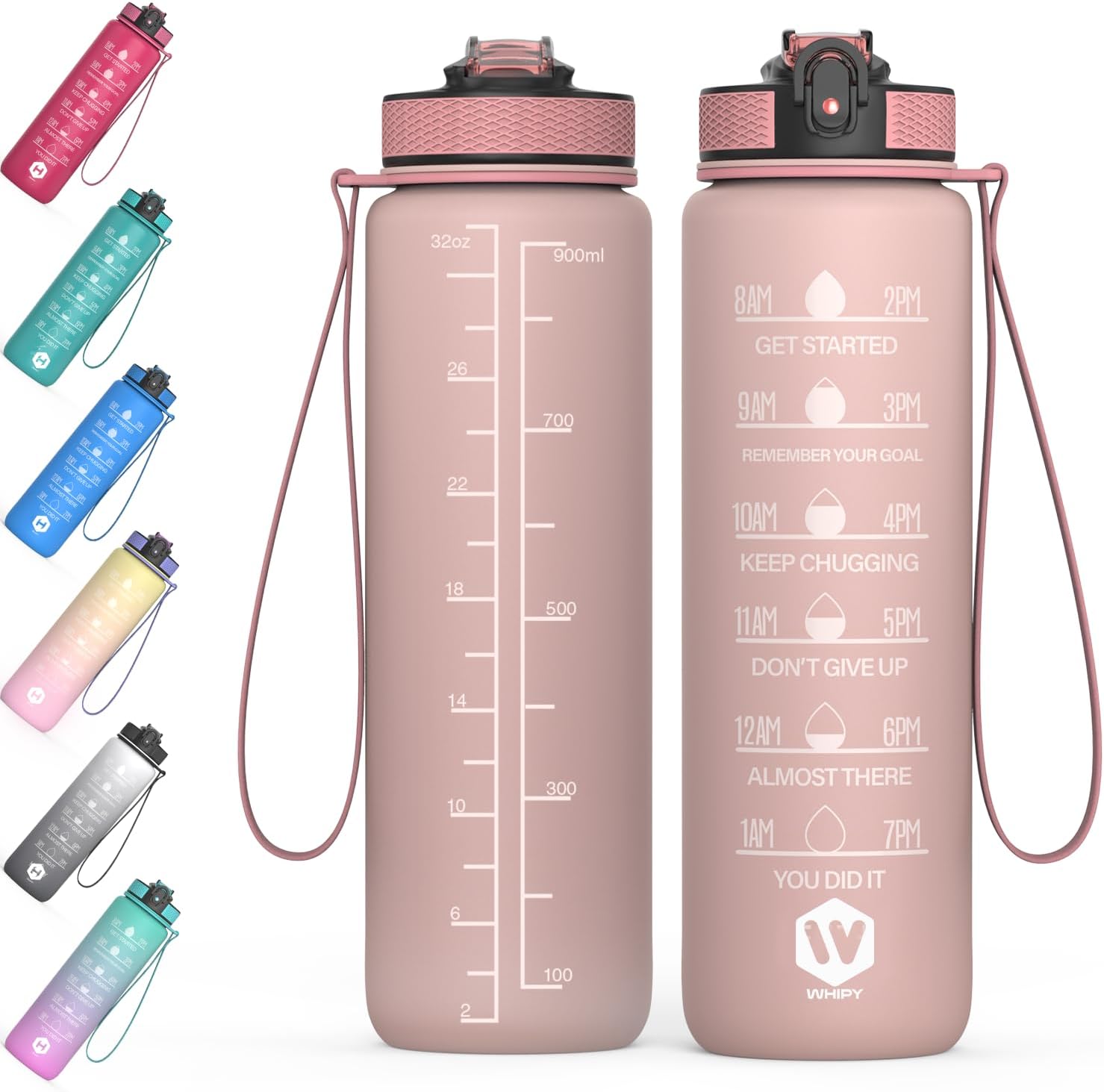 Amazon.com: WHIPY 32 oz Water Bottle with Time Marker- Leak-Proof & BPA ...