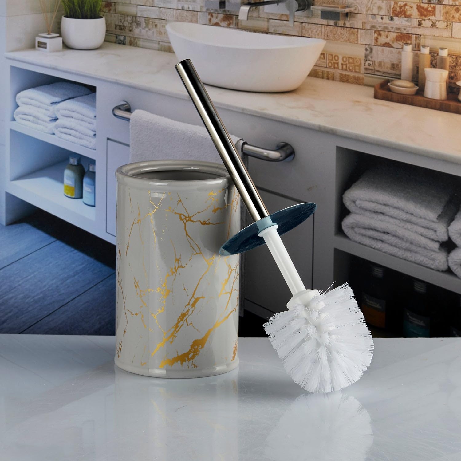 Kookee Ceramic Toilet Cleaner Brush with Holder Stand for Bathroom ...