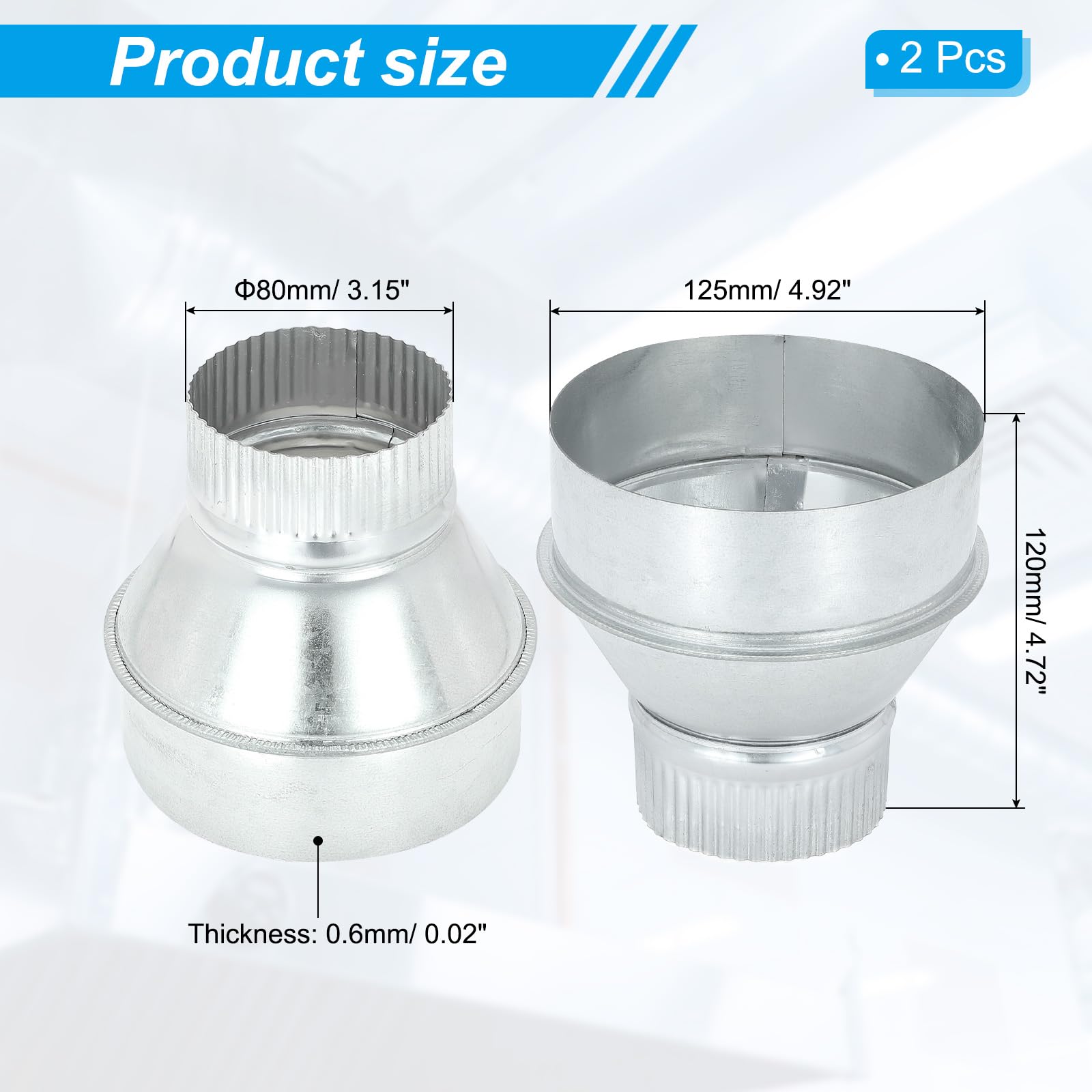 PATIKIL 5 Inch to 3 Inch Duct Reducer, 2 Pcs Galvanized Steel Round Air ...