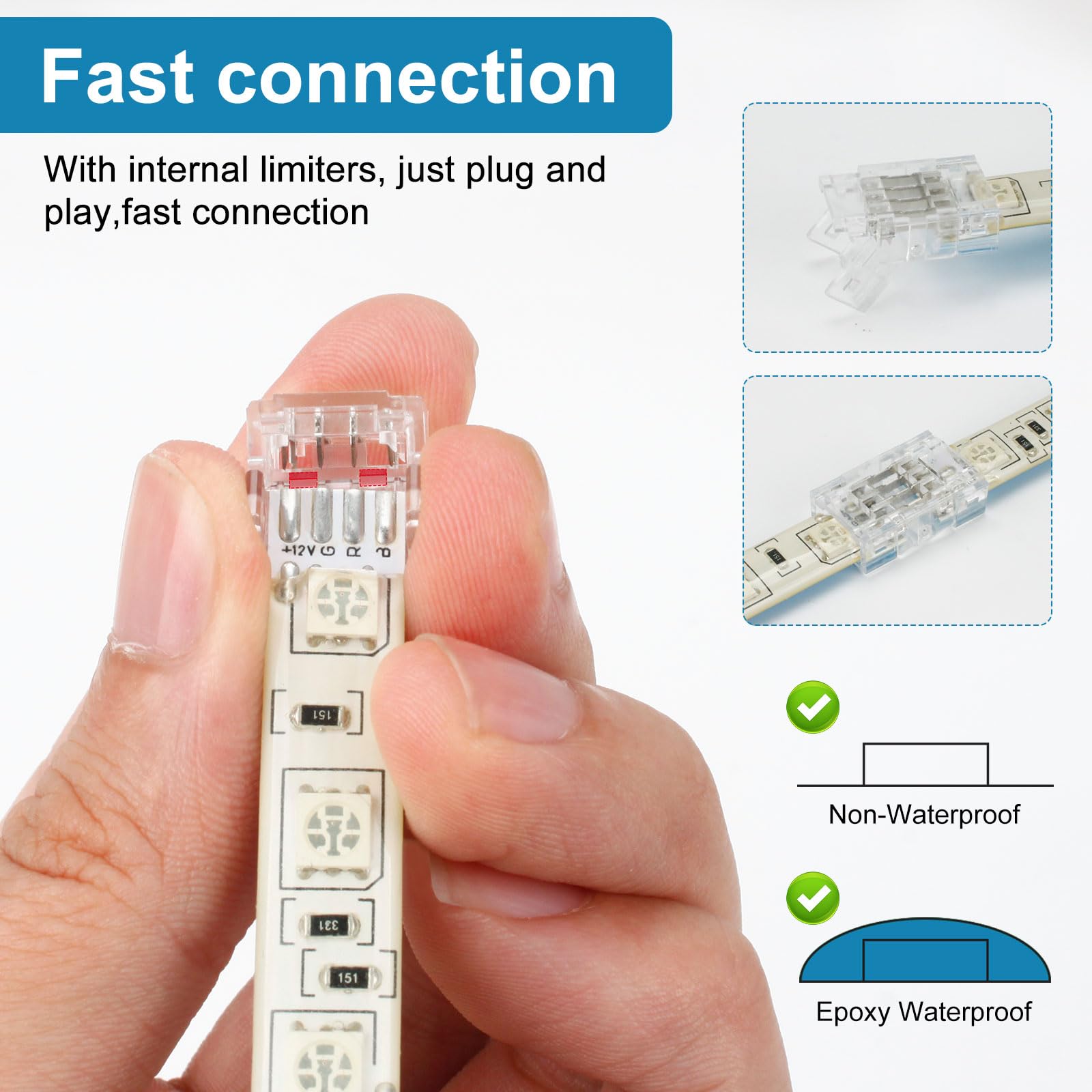 VIPMOON 20-Pack 4 Pin LED Strip Connectors for 10mm Waterproof or Non ...