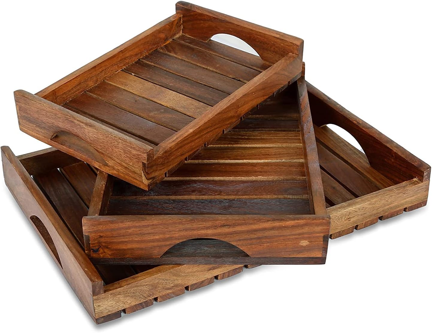 CRAFTARENA Wooden Serving Trays with Handle – Set of 3 – Large, Medium ...