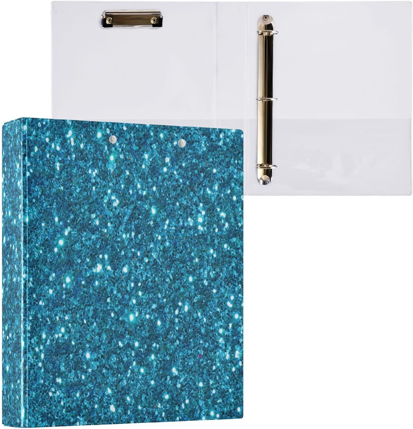 Fichário azul turquesa glitter 1,5 fichários com 3 anéis redondos com ...