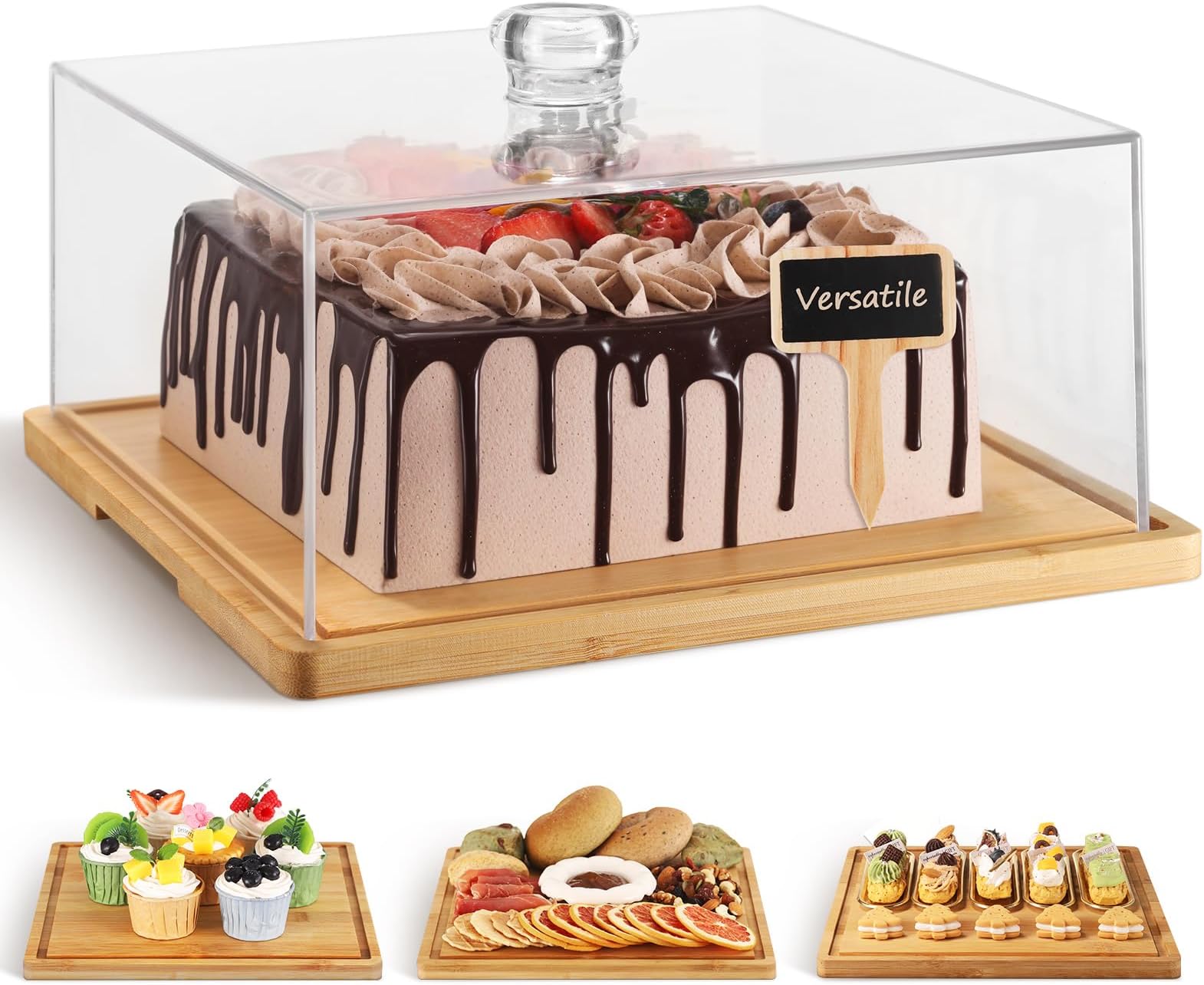 Amazon.com: NWK 3-in-1 Acacia Wood Cake Stand with Dome Rectangular 15. ...