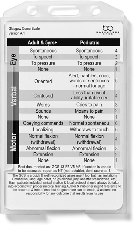 Glasgow Coma Scale Card for Student Nurses, Medical Students, PA ...