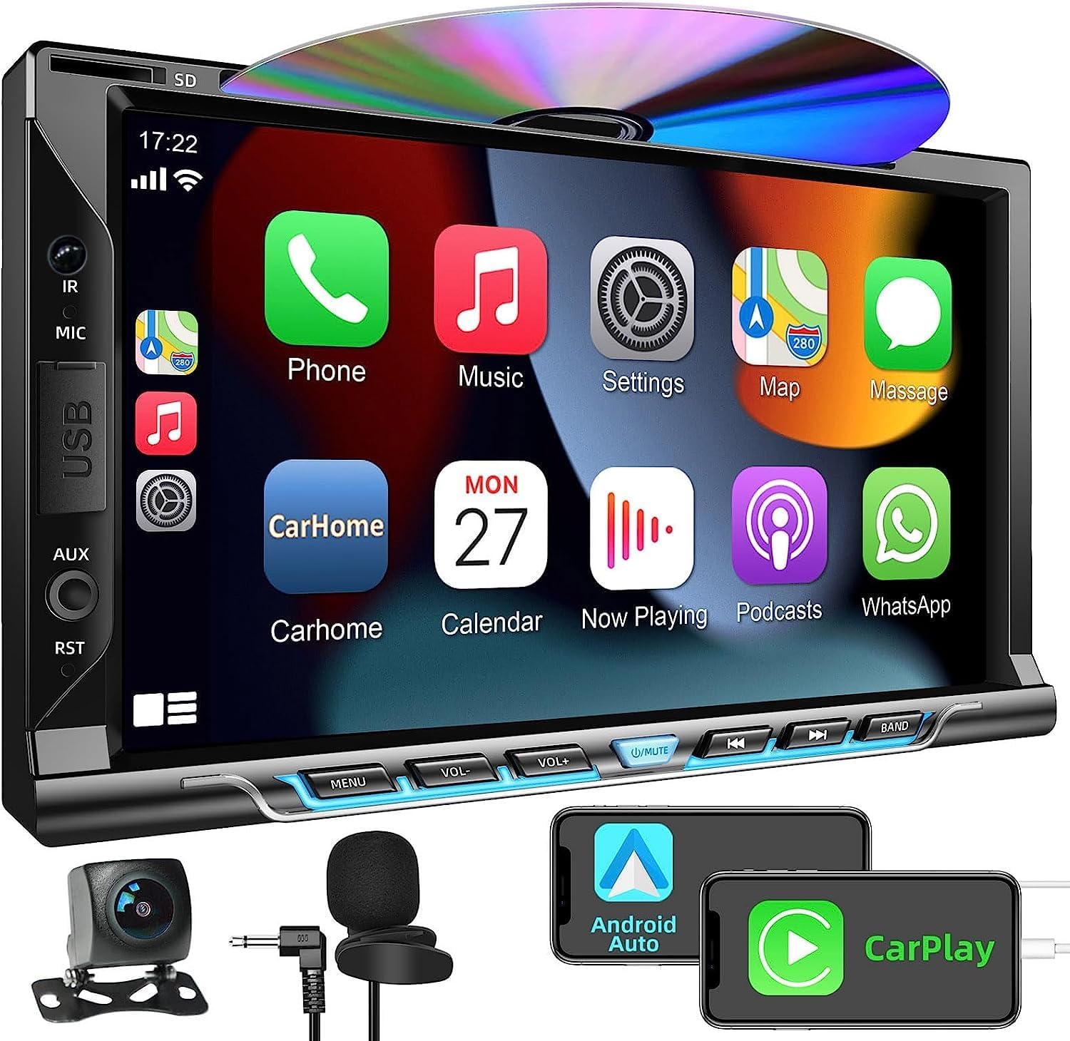 Amazon.com: Double Din car Stereo with CD/DVD Player- CarPlay & Android ...