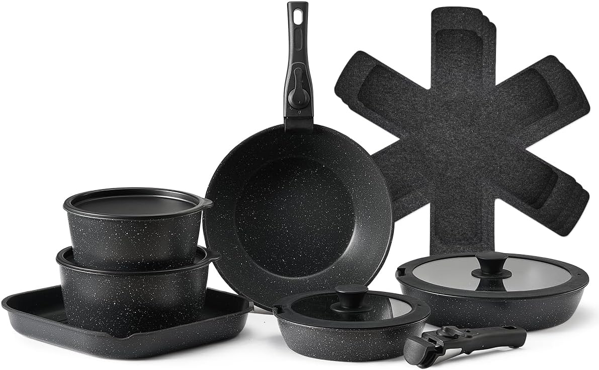 VEVOR 17 Piece Pots and Pans Set, Granite Nonstick Detachable Handle ...