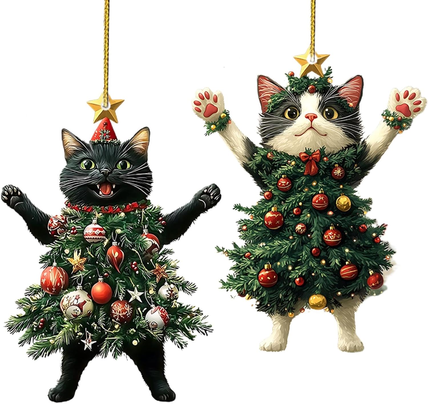 Cat Christmas Tree Ornaments, 2pcs Cat Christmas Tree Decorations, 2D ...