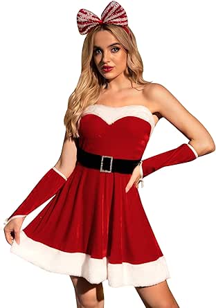 Christmas Women's Velvet Dress Sleeveless Bodycon Cosplay Santa Claus ...