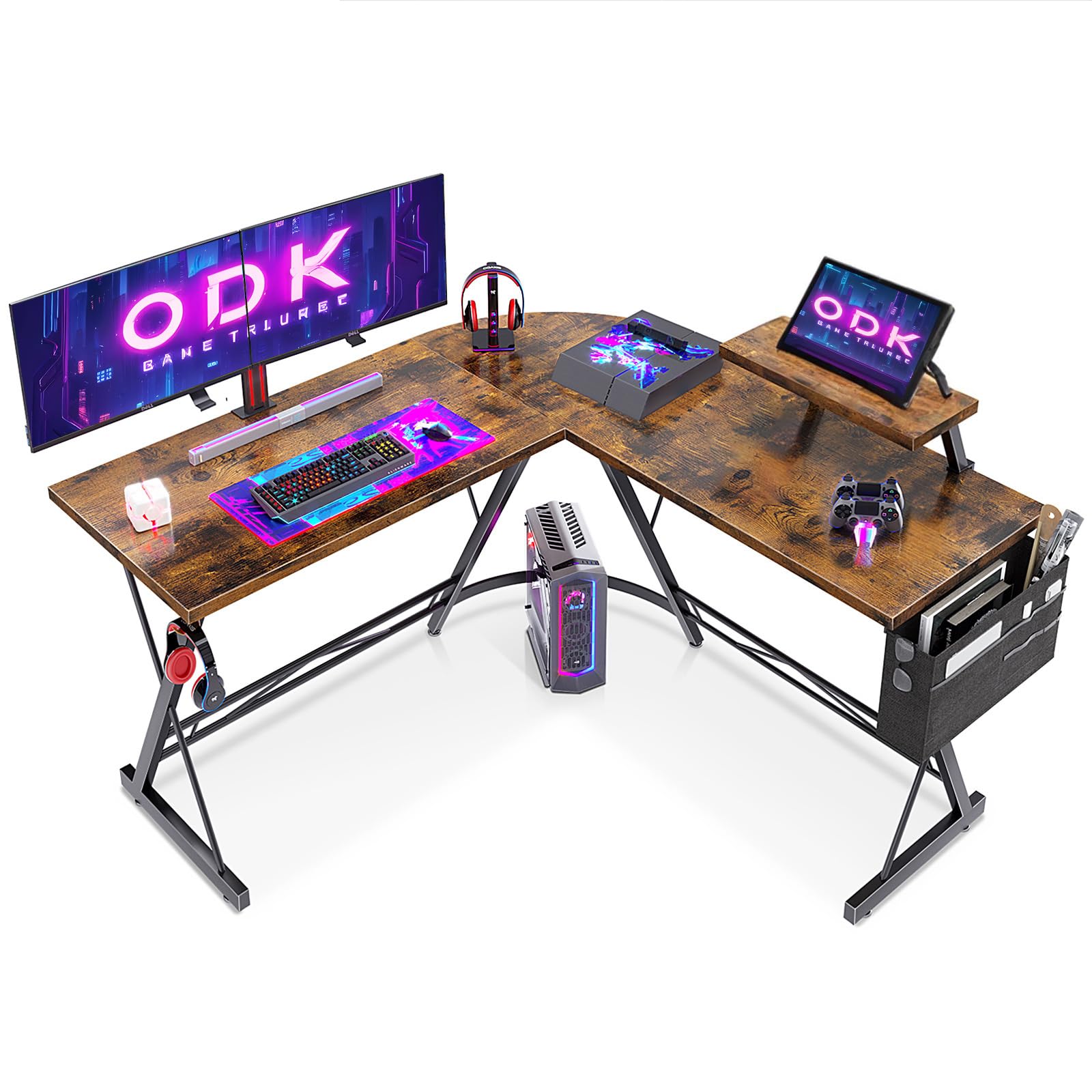 ODK Gaming Desk 127x127x75cm Vintage Brown Computer Desk with Monitor Stand L Shaped Gaming Desk ...