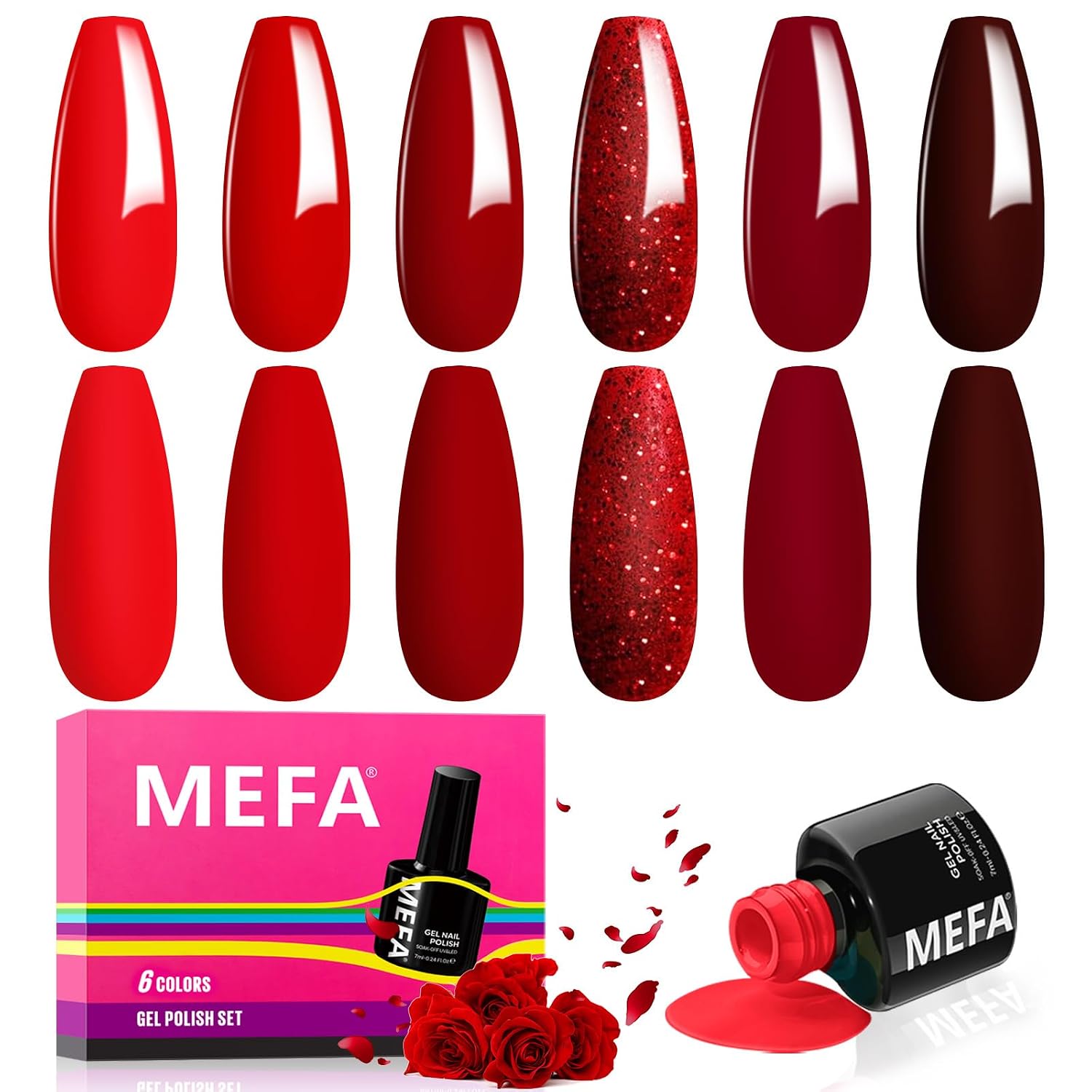 Amazon.com: MEFA Red Gel Nail Polish Set, 6 Colors Red Gel Polish Kit ...