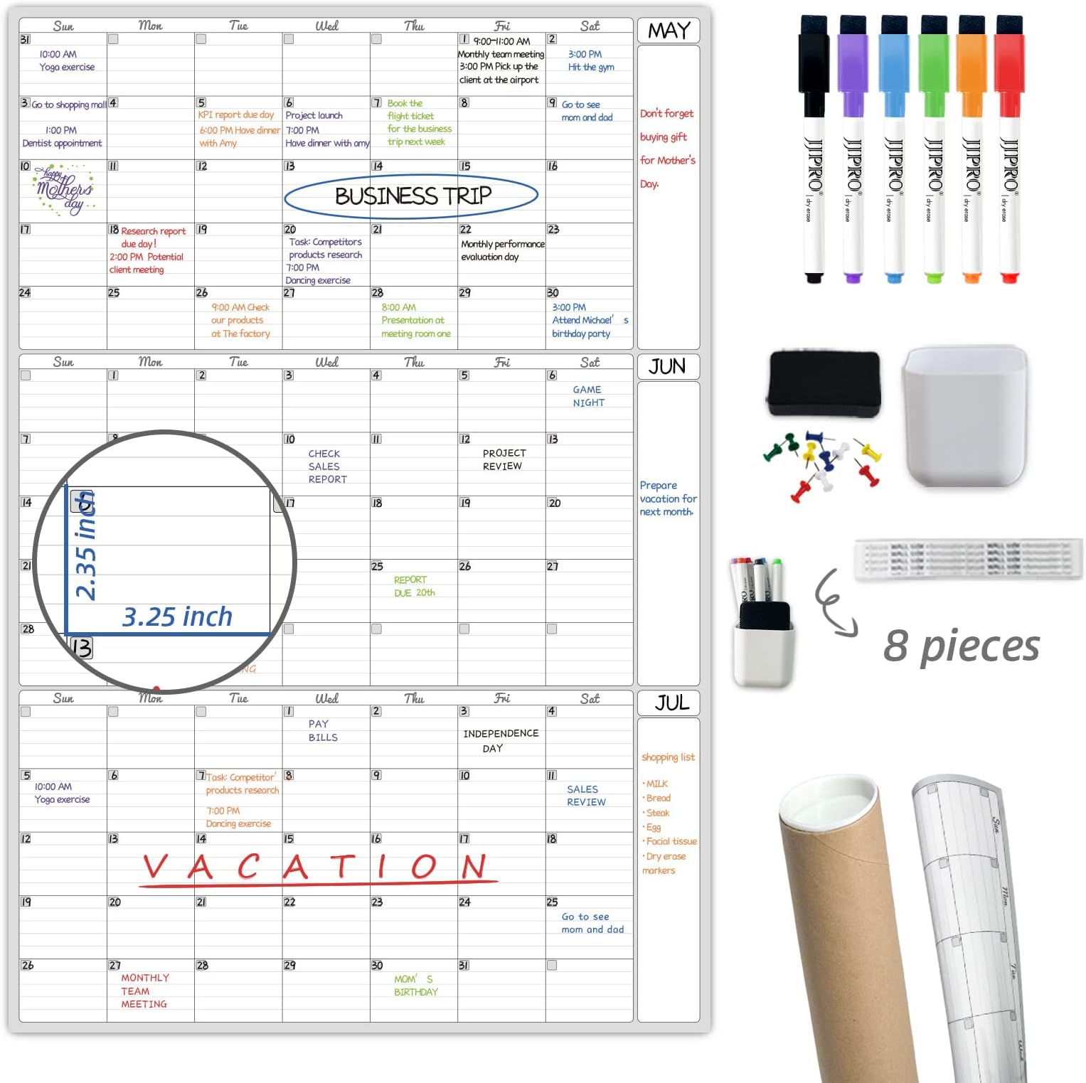 Calendrier mensuel extra large pour tableau blanc mural effaçable à sec ...