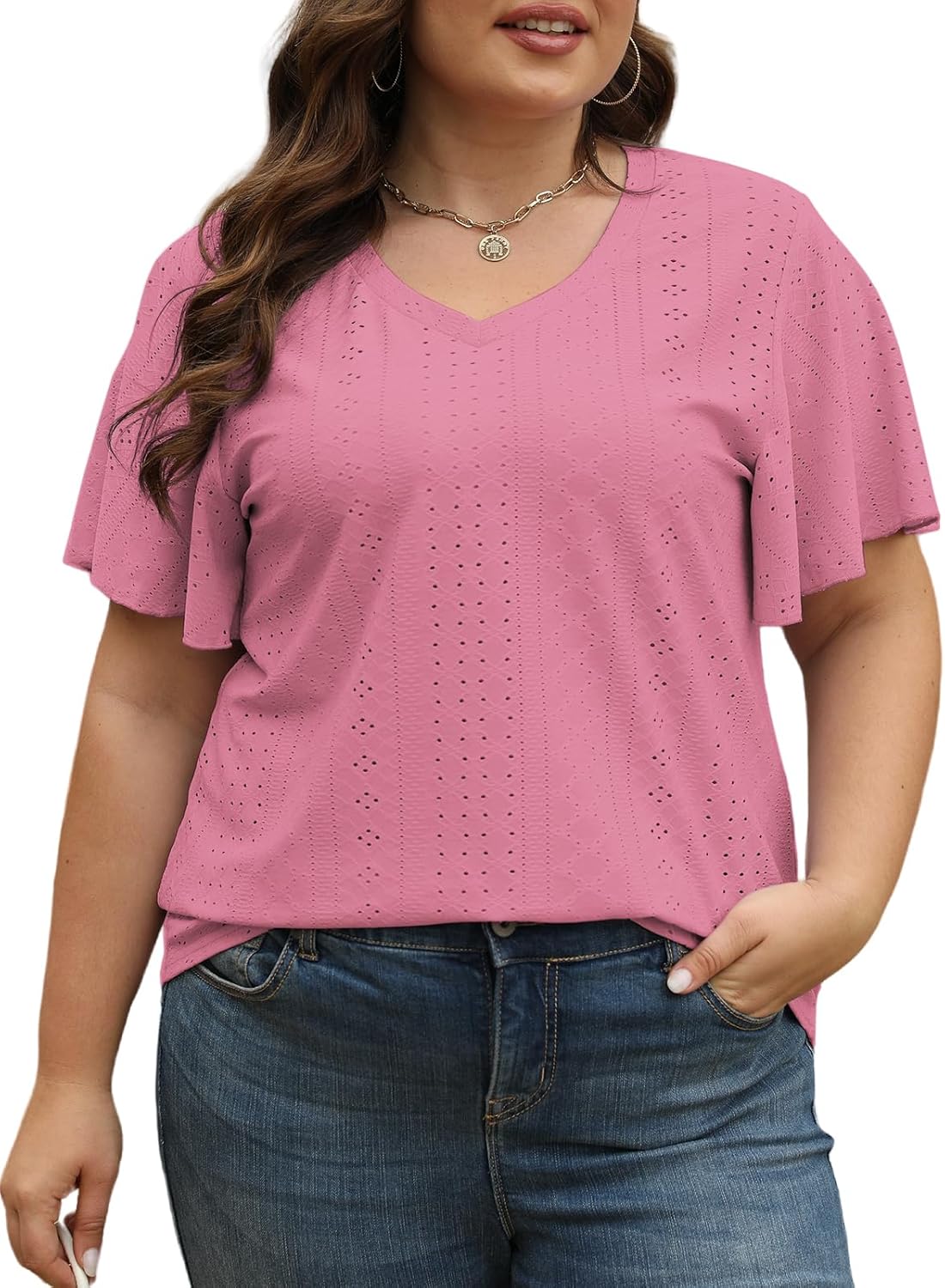 4X Womens Tops Plus Size V Neck Hollow Tee Short Sleeves Shirts Casual ...