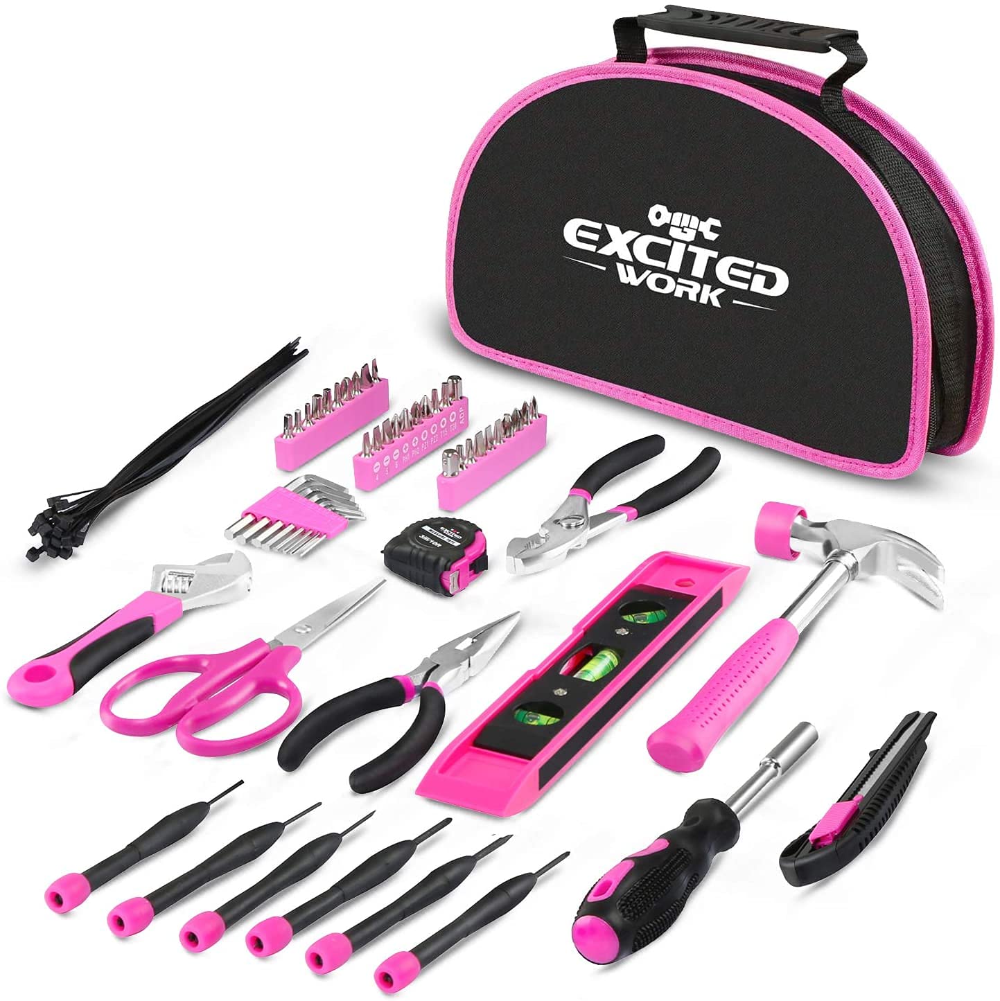 EXCITED WORK Ladies Tool Kit, 69-Piece Portable Pink Tool Set with Easy ...