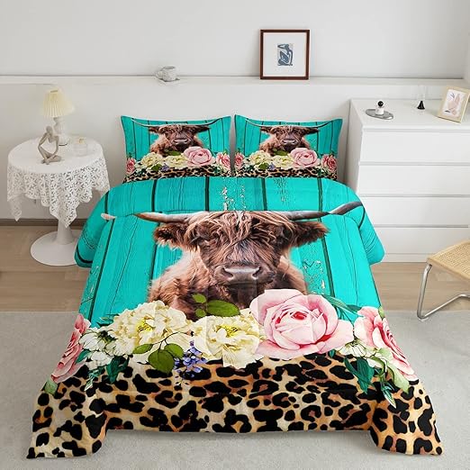 Amazon.com: Highland Cow Bedding Set Leopard Floral Comforter Set for Kids Boys Girls Brown ...