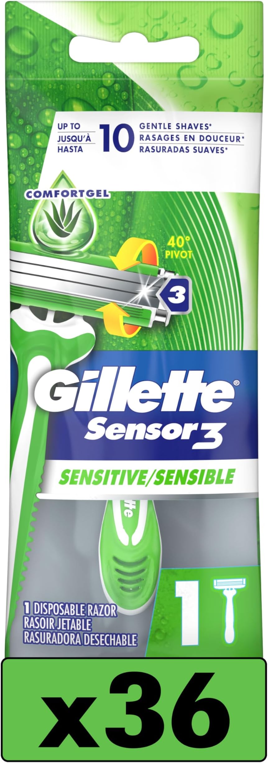 Amazon.com: Gillette Sensor3 Sensitive Men's Disposable Razor, 1 Razor ...