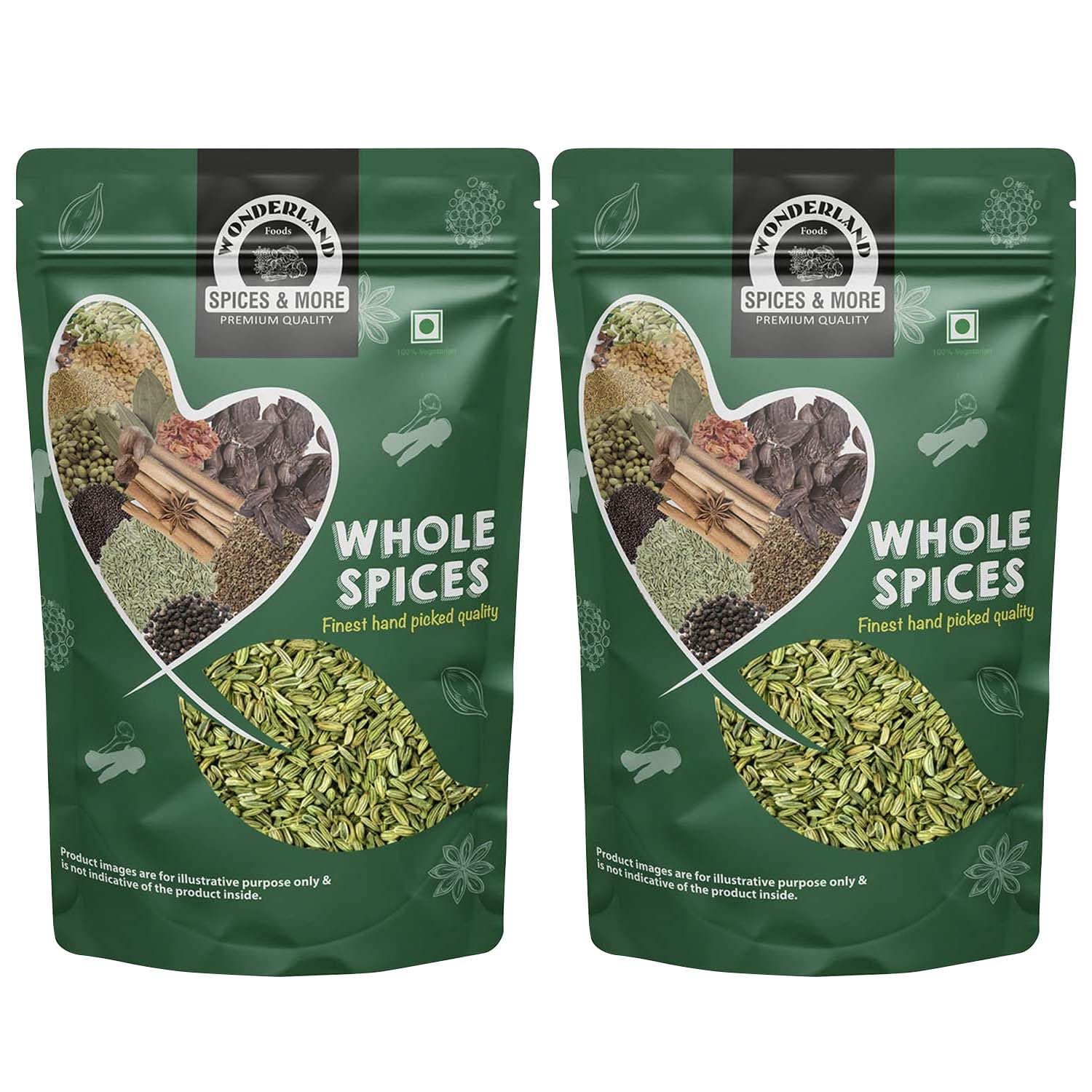 Wonderland Foods Whole Spices Fennel (Sauf) Seeds 500g (250gX2) Pouch | Saunf 100% Pure ...
