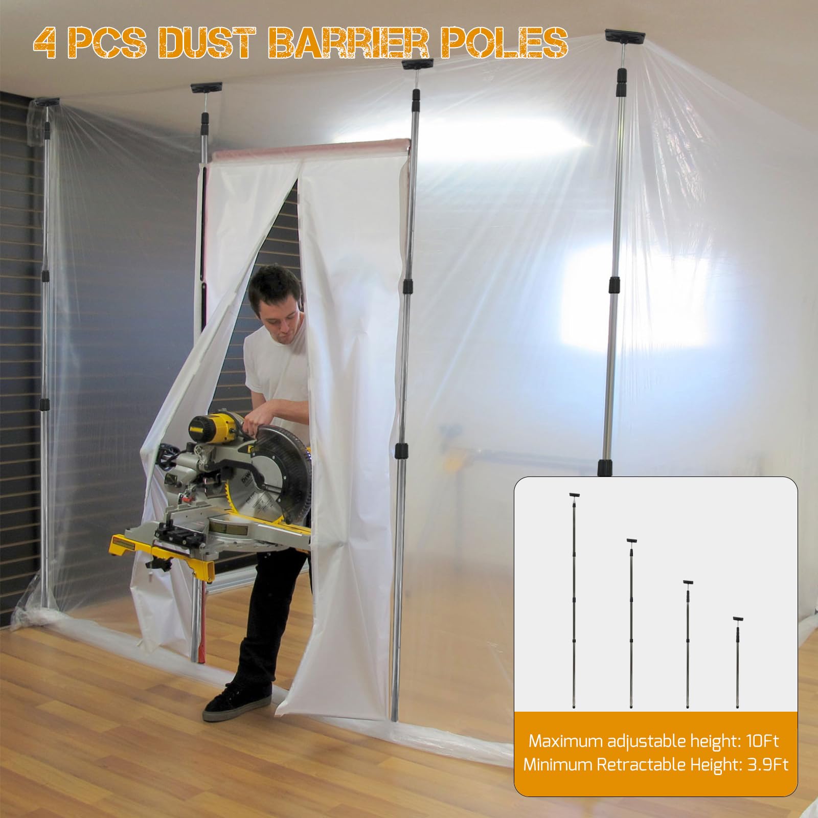 4 Pack Stainless Steel Zipper Walls Poles Kit, 10FT Retractable ...