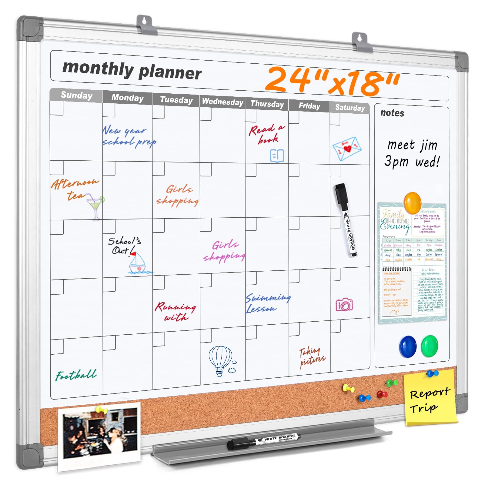 MAKELLO Monthly Calendar Whiteboard Dry Erase Cork Board Combo for ...