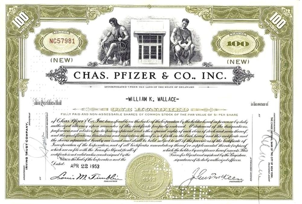 1960 ORIGINAL VINTAGE PFIZER STOCK CERTIFICATE (1950's-60's) FREE ...