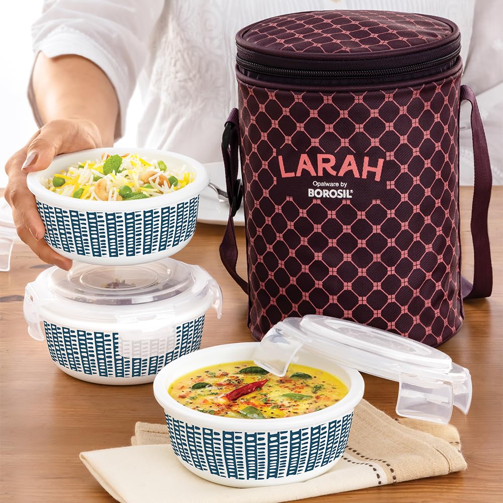 Buy Larah by BOROSIL Opalware Helix Lunch Box with Bag - 3 X 400 Ml ...