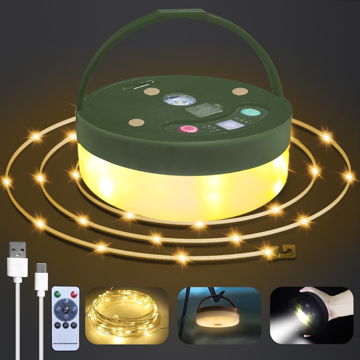 Camping String Lights, All in 1 USB Rechargeable Lantern with Remote ...