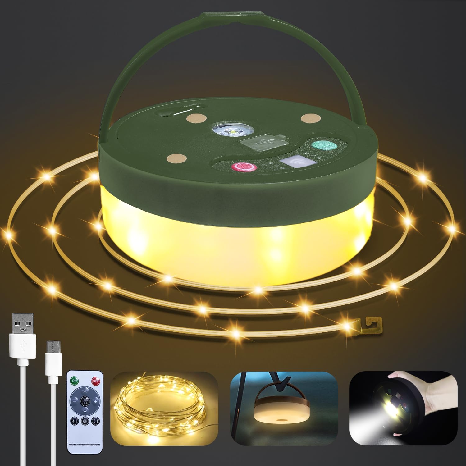 Camping String Lights, All in 1 USB Rechargeable Lantern with Remote ...