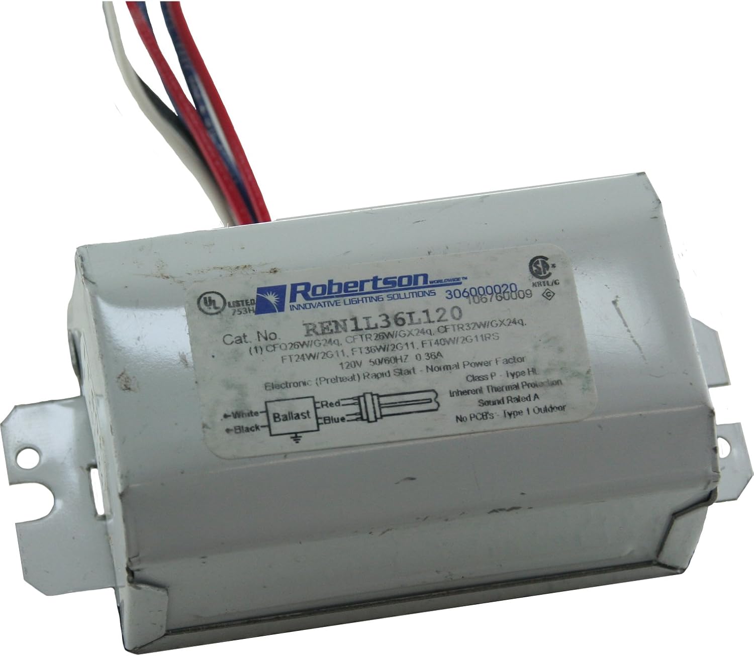 ROBERTSON 3M20021 REN1L36L120 /A eBallast, Preheat-Rapid Start, 1 lamp ...
