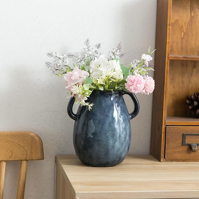 Amazon.com: YUANBAO Blue Ceramic Vase with 2 Handles, Reactive Glazed ...