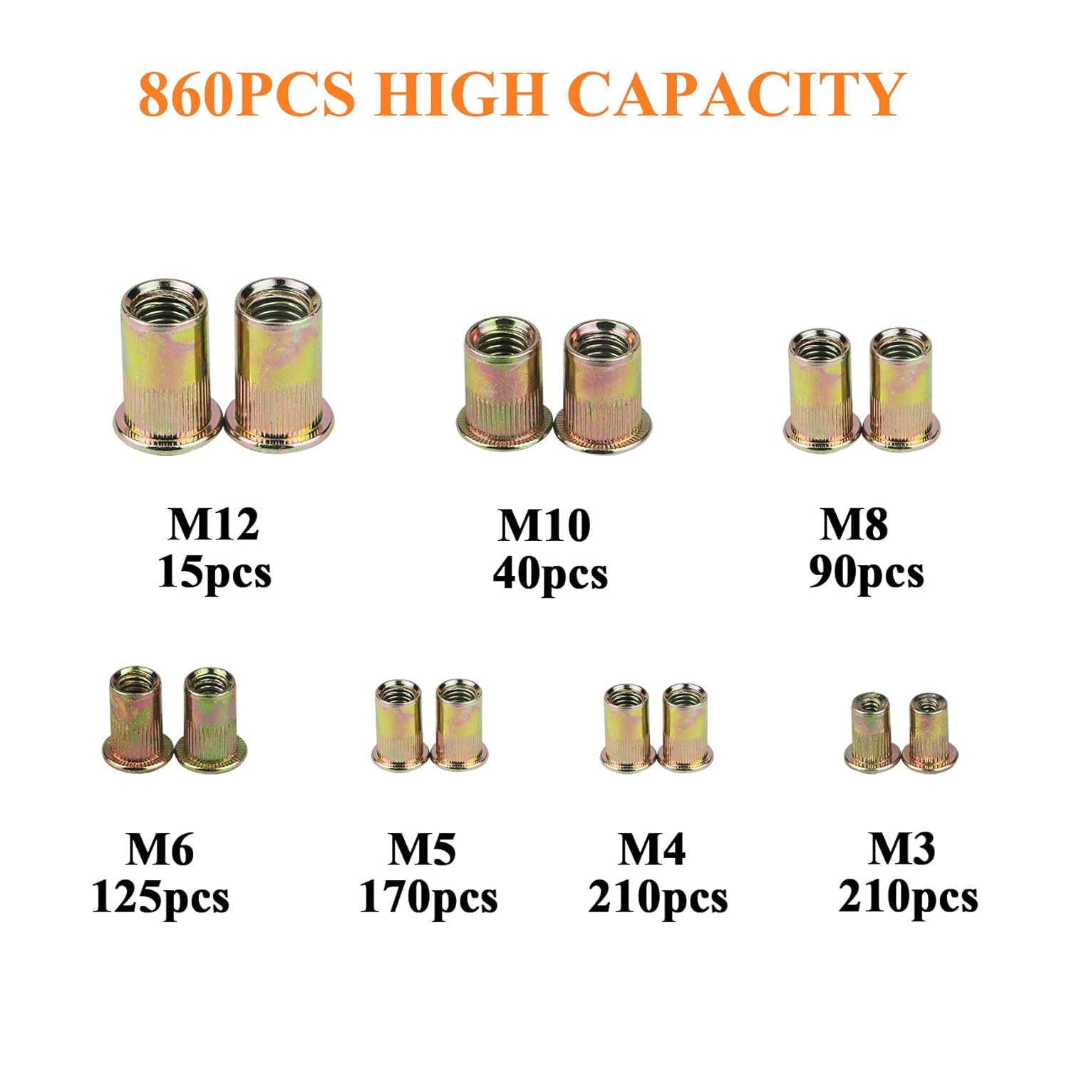 Kit surtido de 860 tuercas de remache, M3 M4 M5 M6 M8 M10 M12 de acero ...